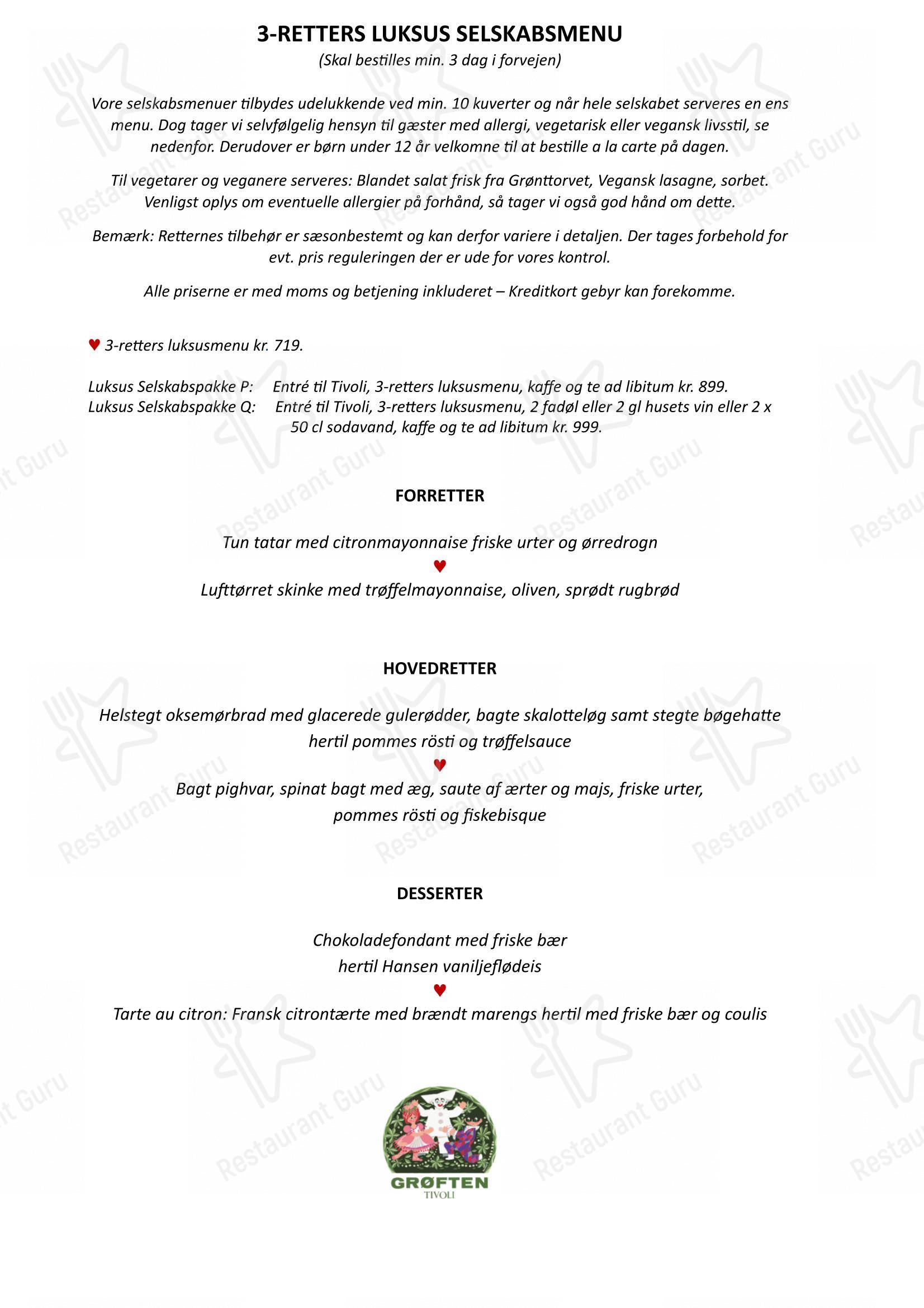 Menu at Grøften restaurant, Copenhagen