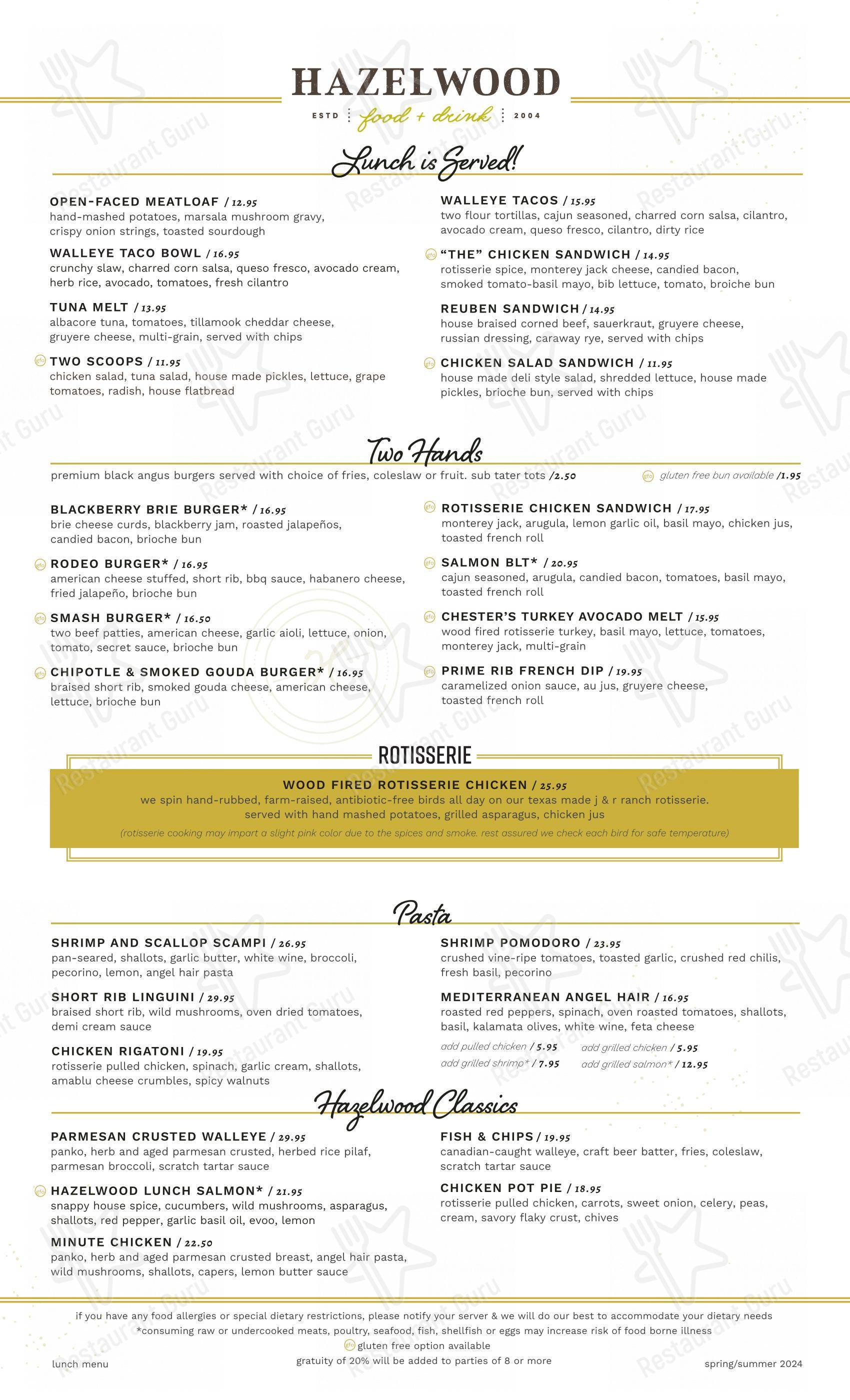 Menu at Hazelwood Food and Drink- Tonka Bay pub & bar, Excelsior