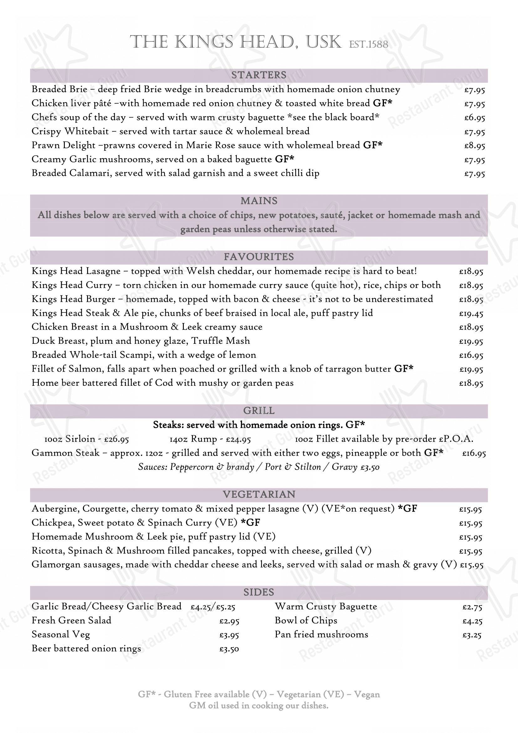 Menu at Kings Head Hotel pub & bar, Usk