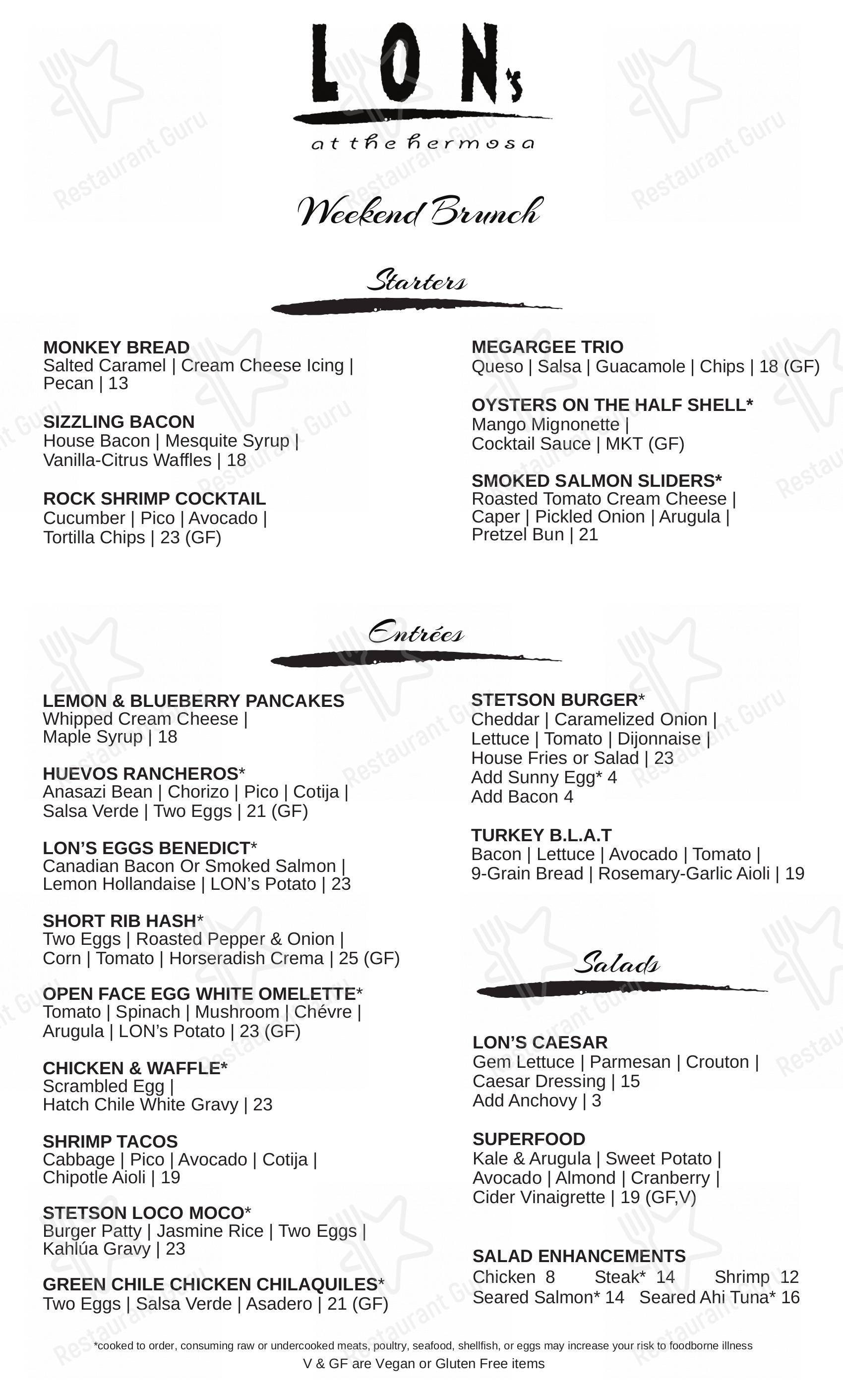 Menu at LON’s at The Hermosa Inn pub & bar, Paradise Valley