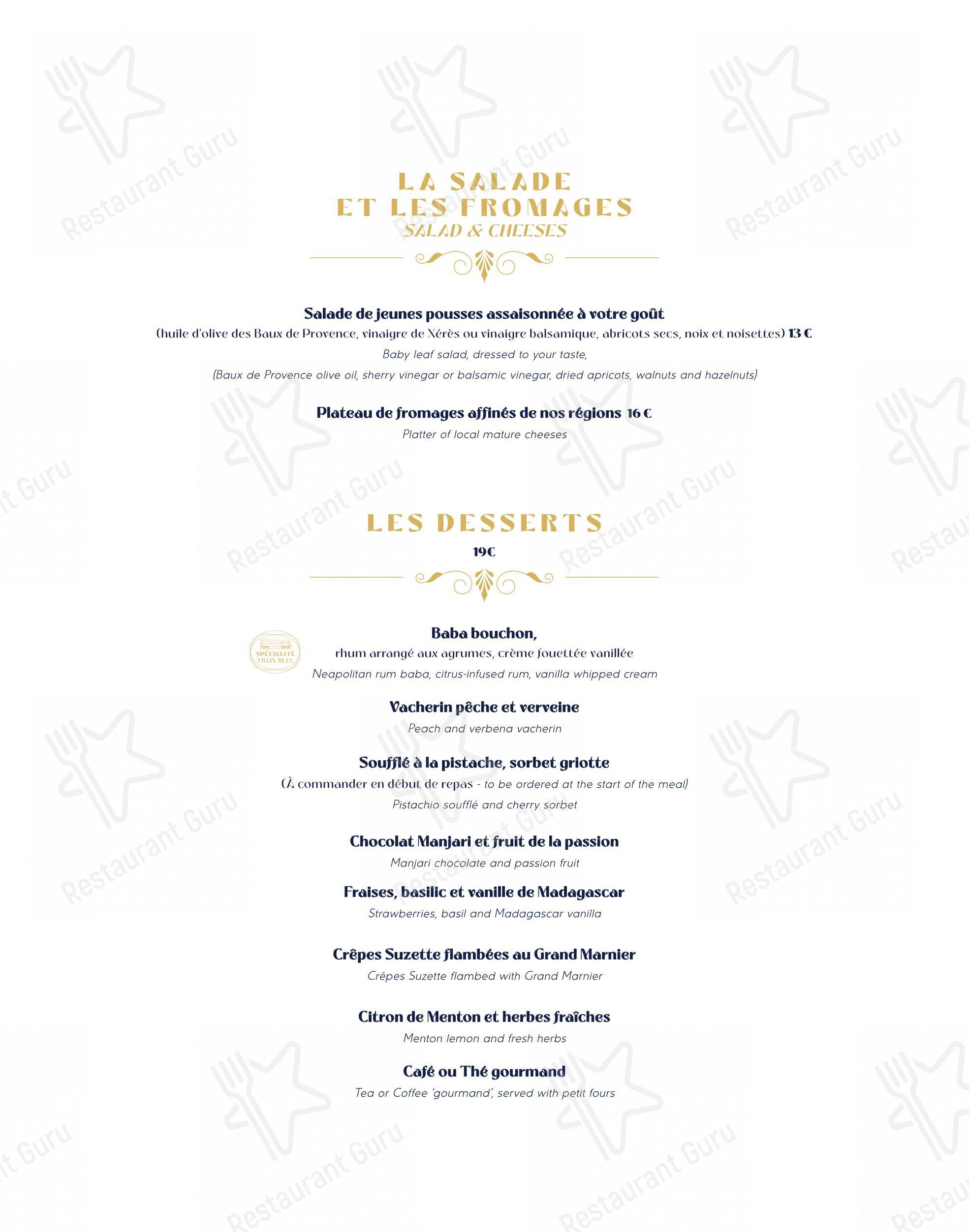 Menu at Le Train Bleu restaurant, Paris, Gare de Lyon