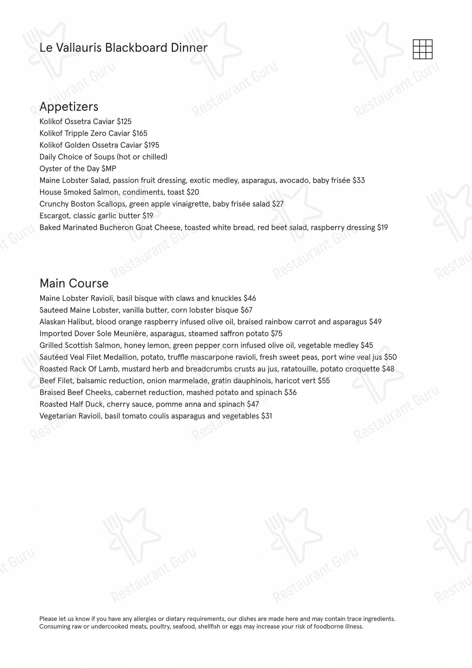 Menu at Le Vallauris Restaurant, Palm Springs