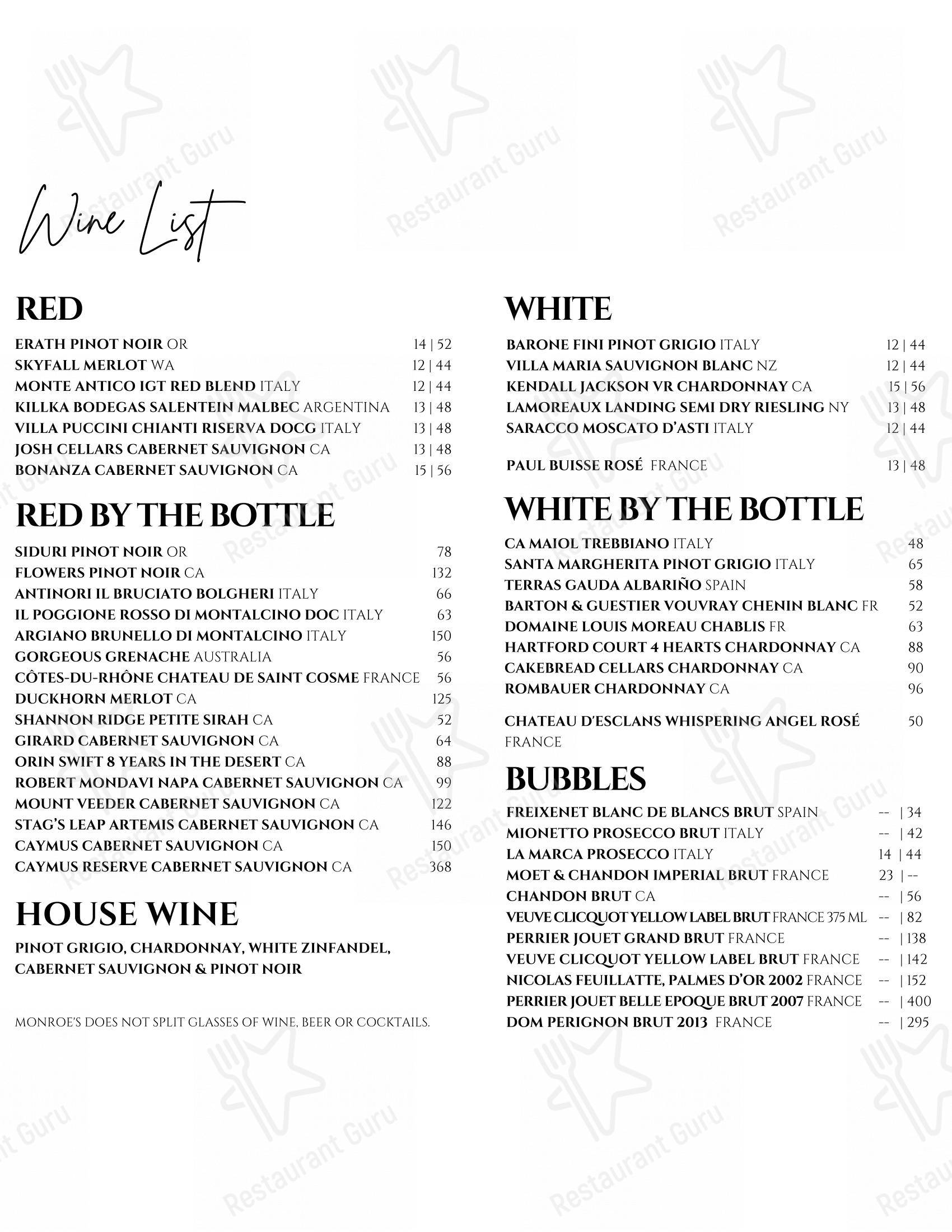 Menu at Monroes Restaurant, Rochester
