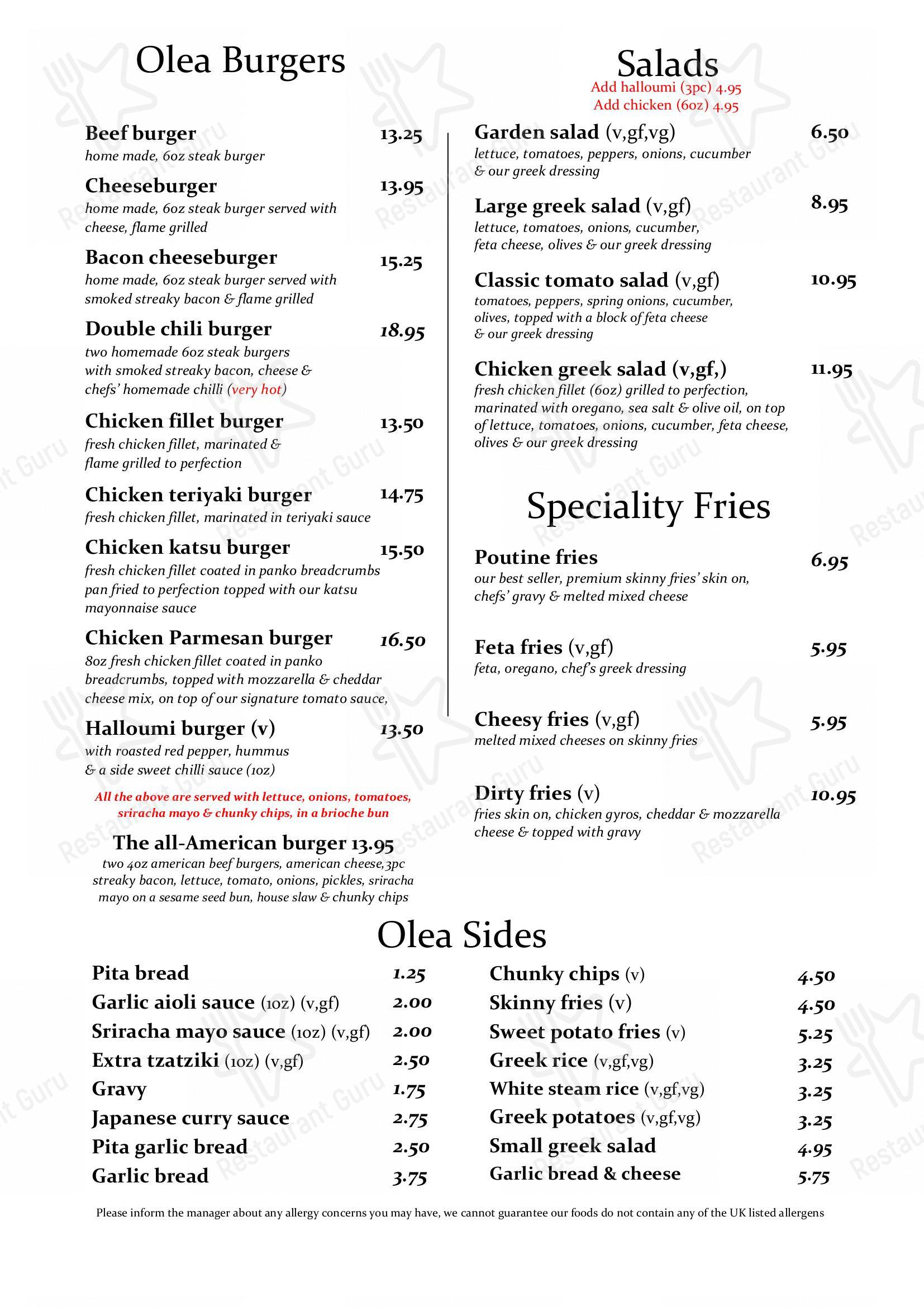Menu at Olea restaurant, Weston-super-Mare
