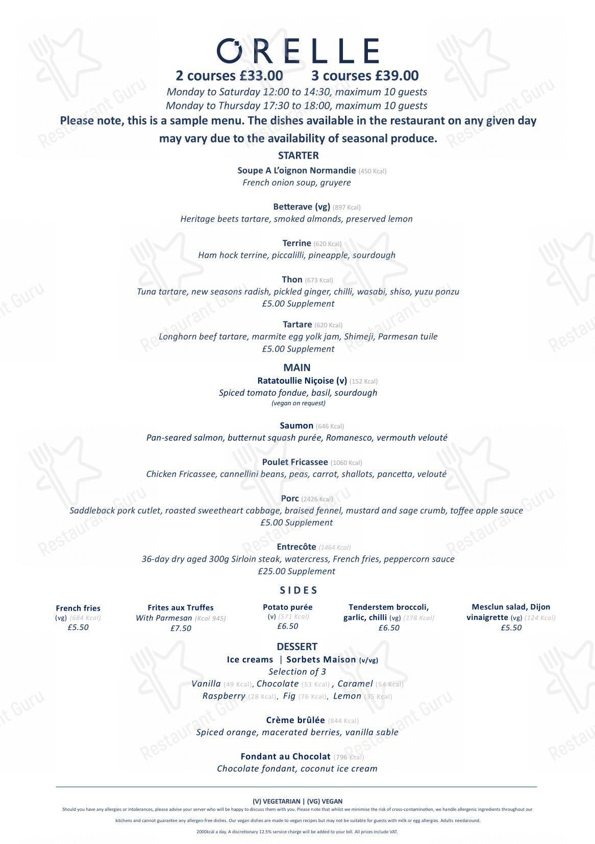 Menu at Orelle restaurant, Birmingham