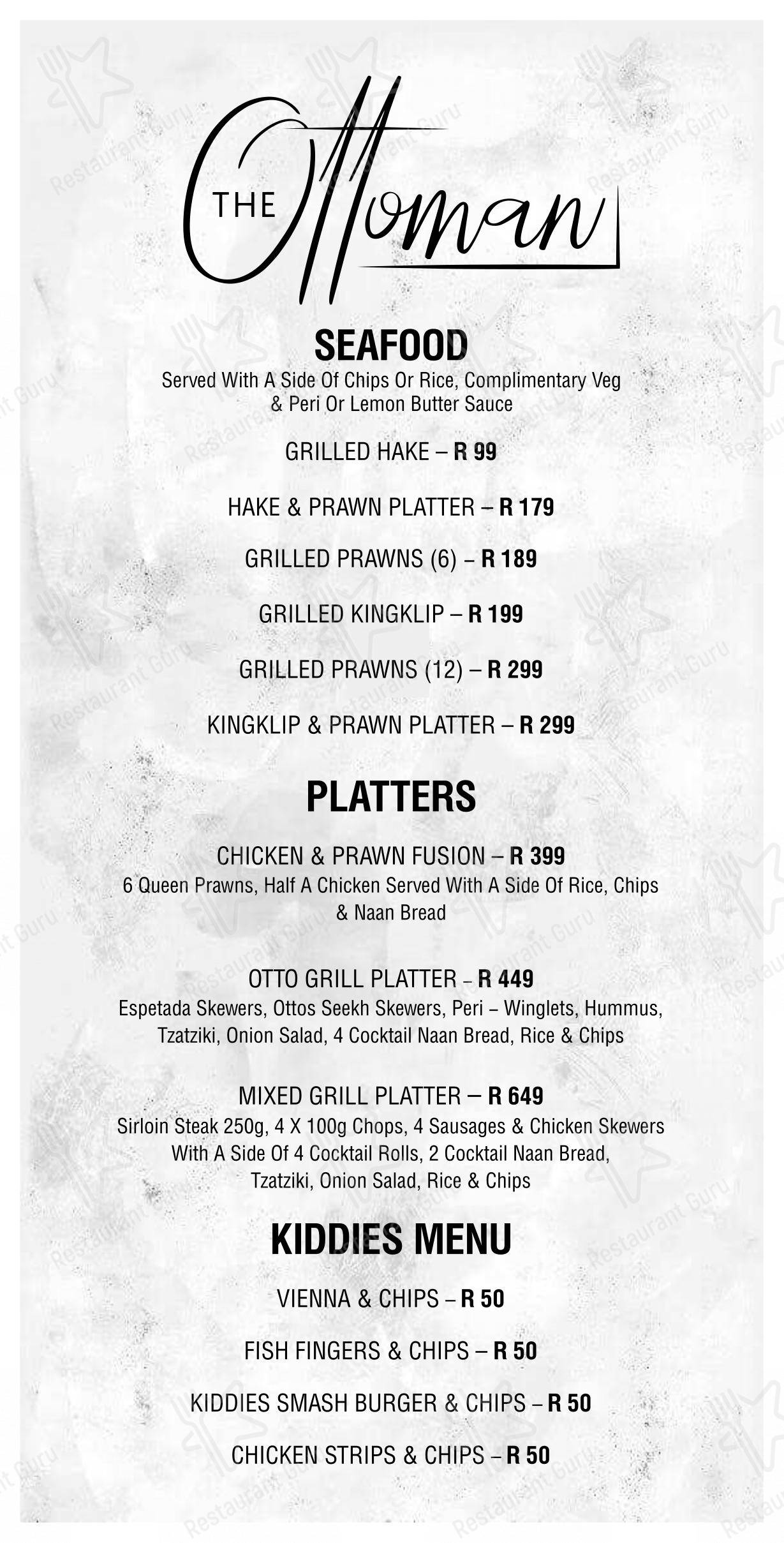 Menu at Otto's Cafe, Cape Town