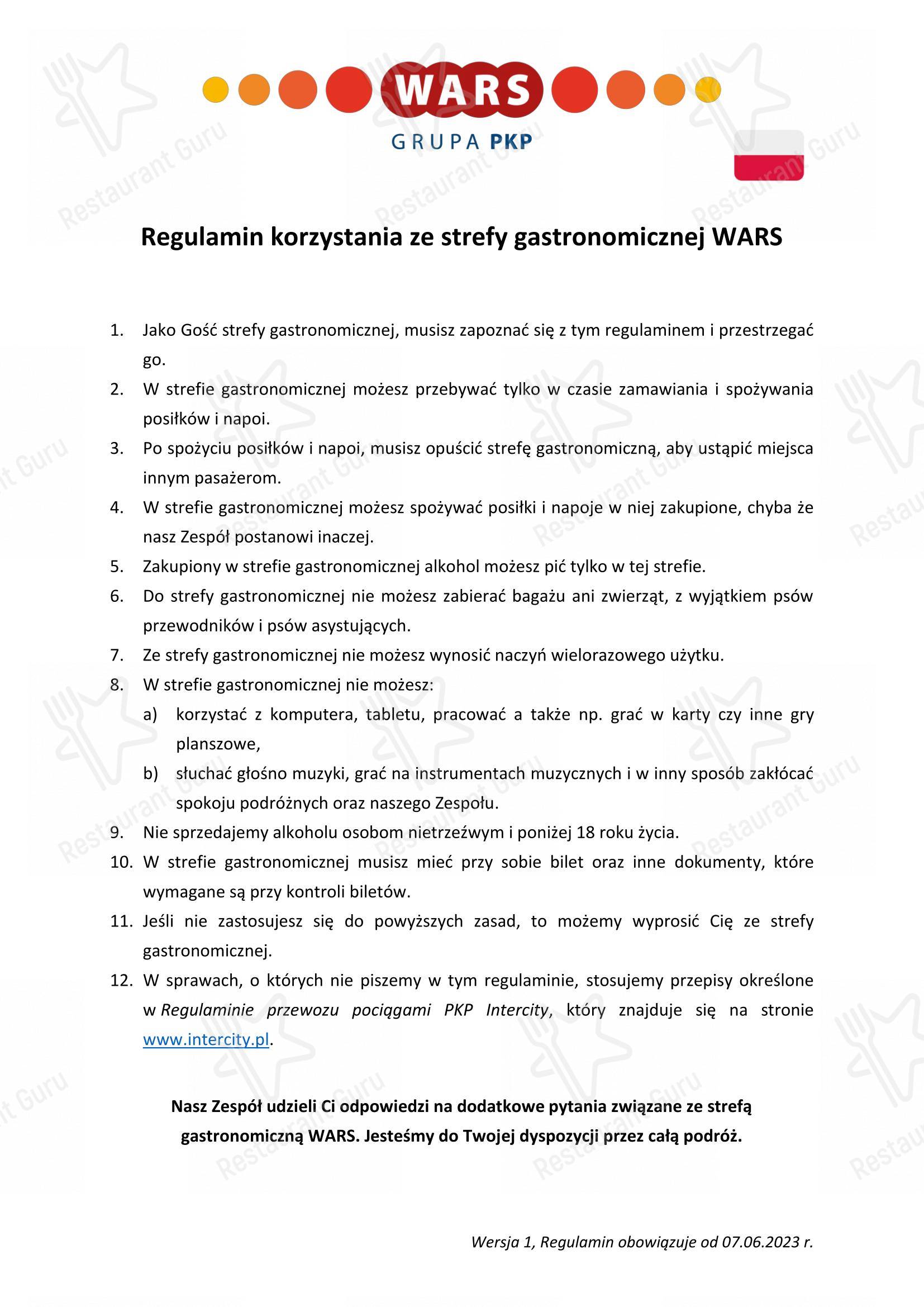 Menu at Restauracja WARS - West Station I restaurant, Warsaw