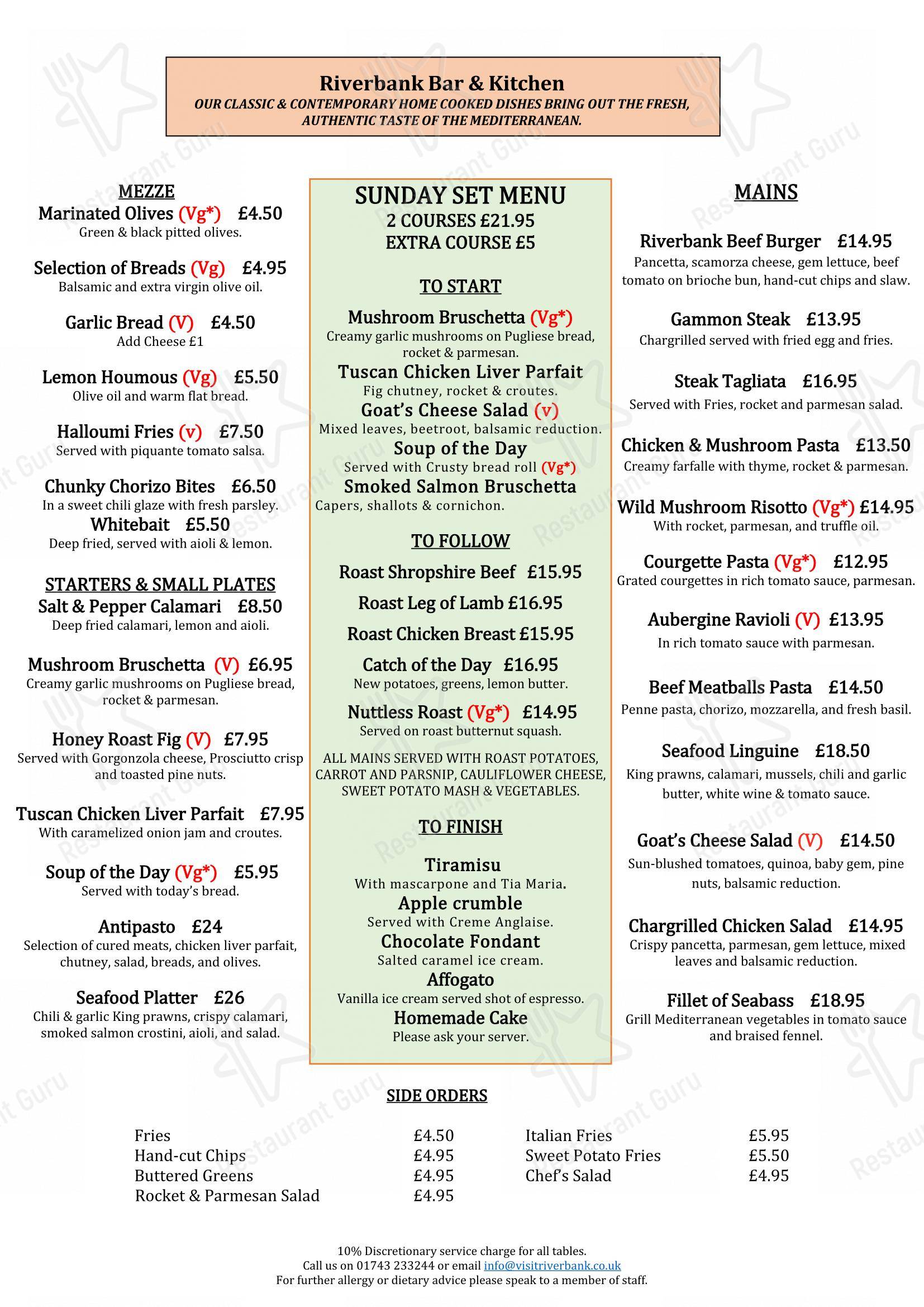 Menu at Riverbank Bar + Kitchen, Shrewsbury