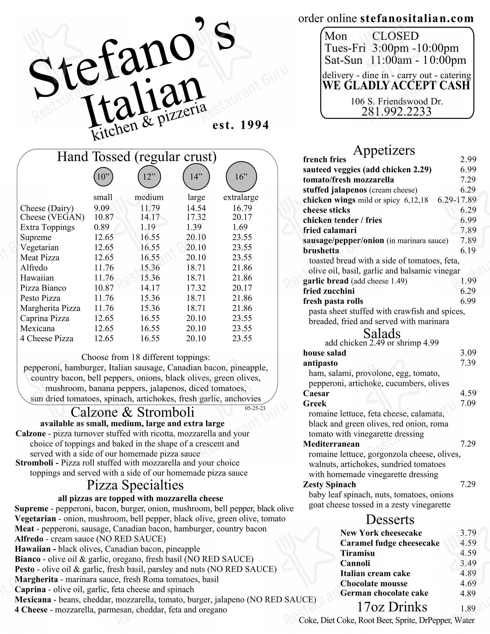 Menu at Stefano's pizzeria, Friendswood