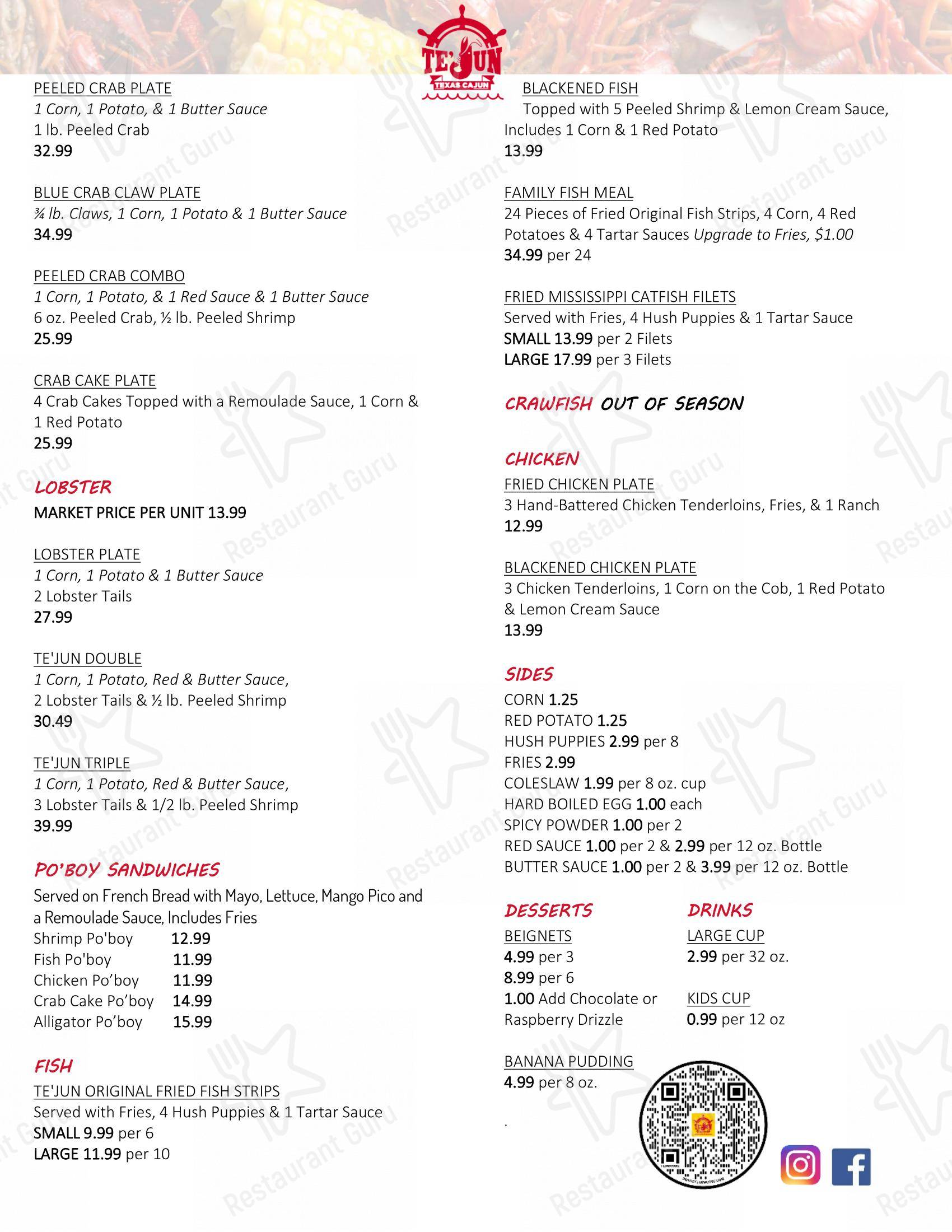 Menu at Tejun The Texas Cajun- Robinson restaurant, Robinson