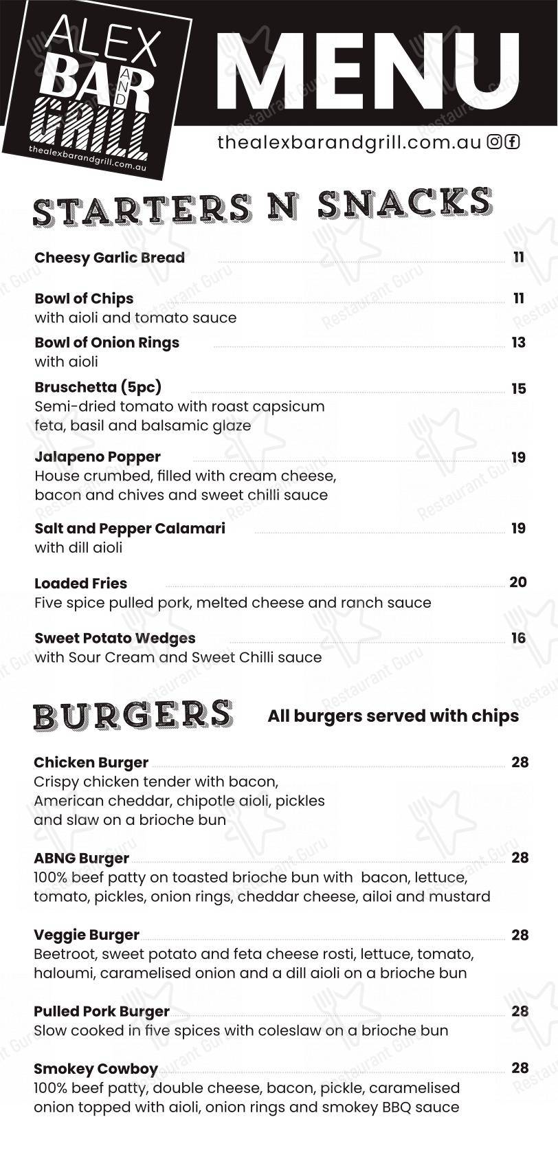 Menu at The Alex Bar & Grill, Alexandra Headland