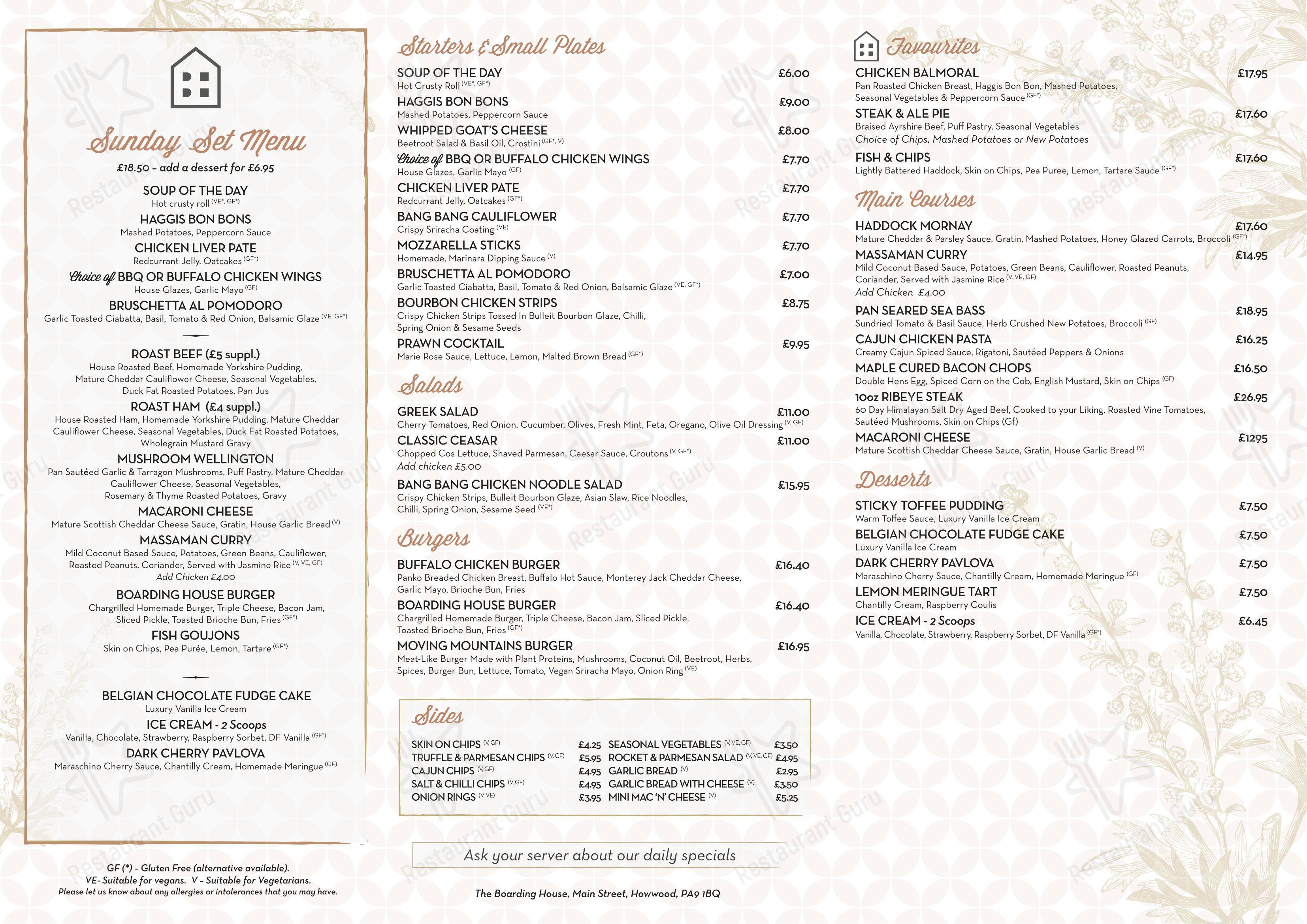 Menu at The Boarding House pub & bar, Howwood