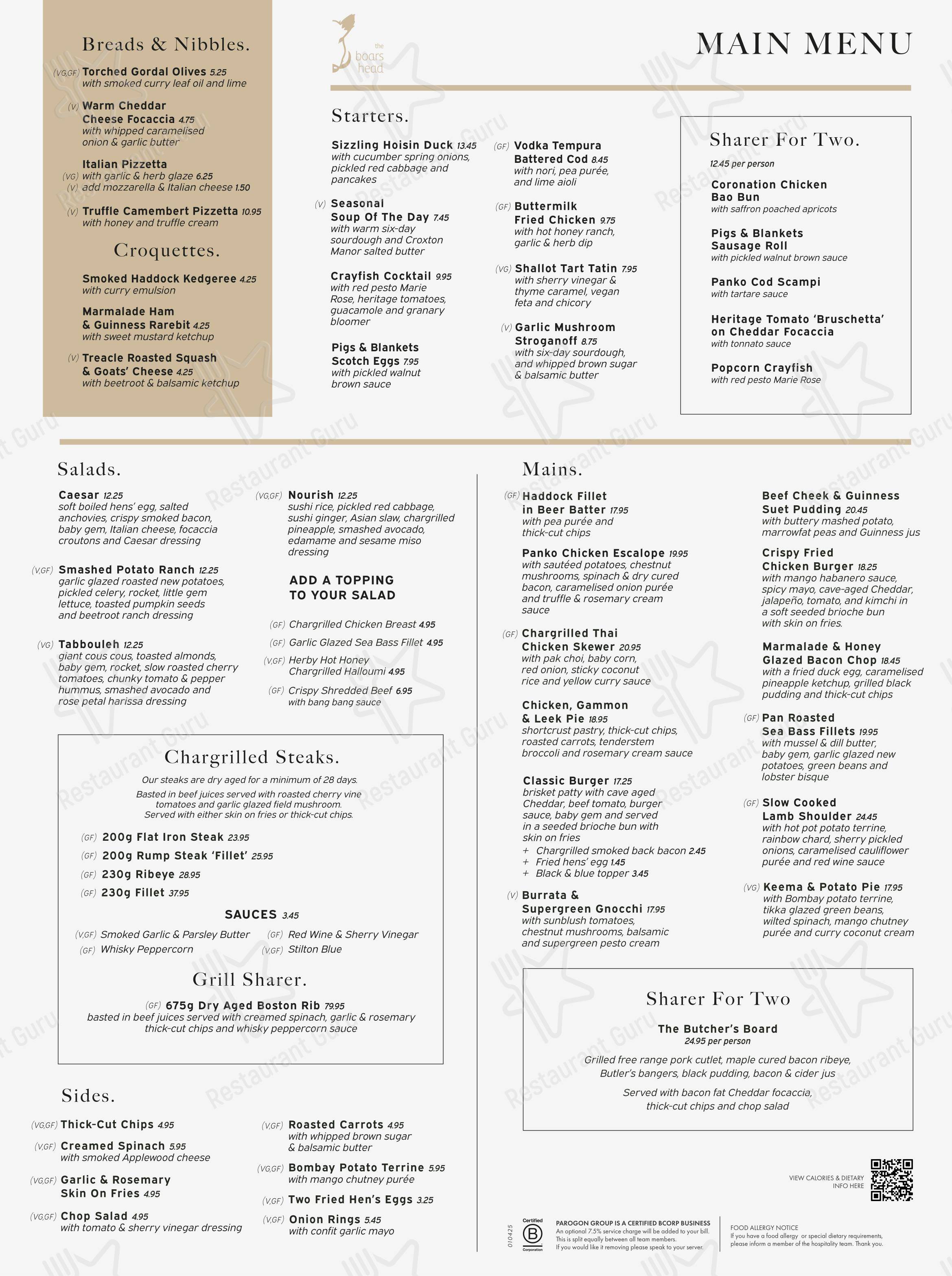 Menu at The Boars Head pub & bar, Crewe