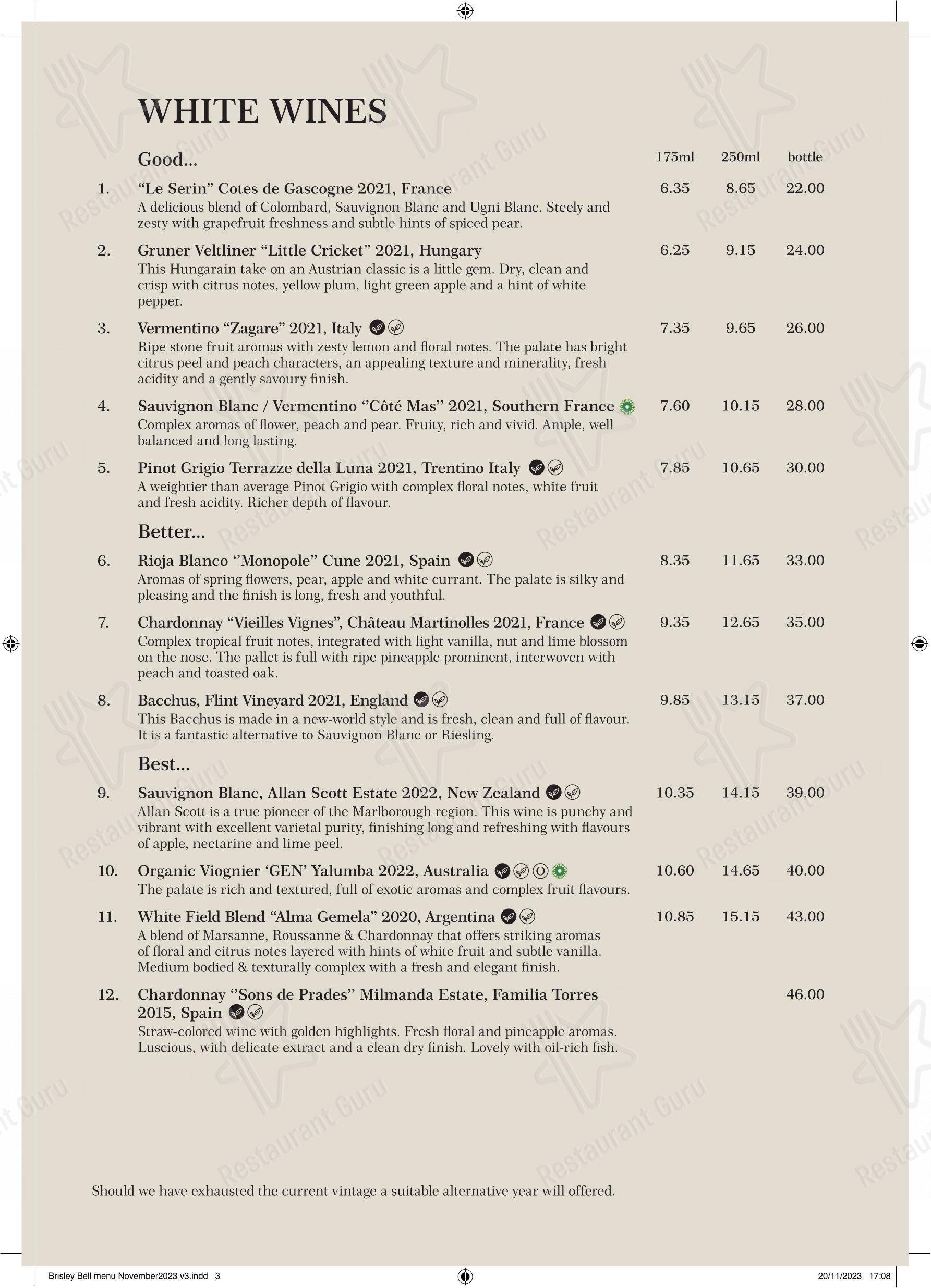 Menu at The Brisley Bell restaurant, Brisley, The Grn