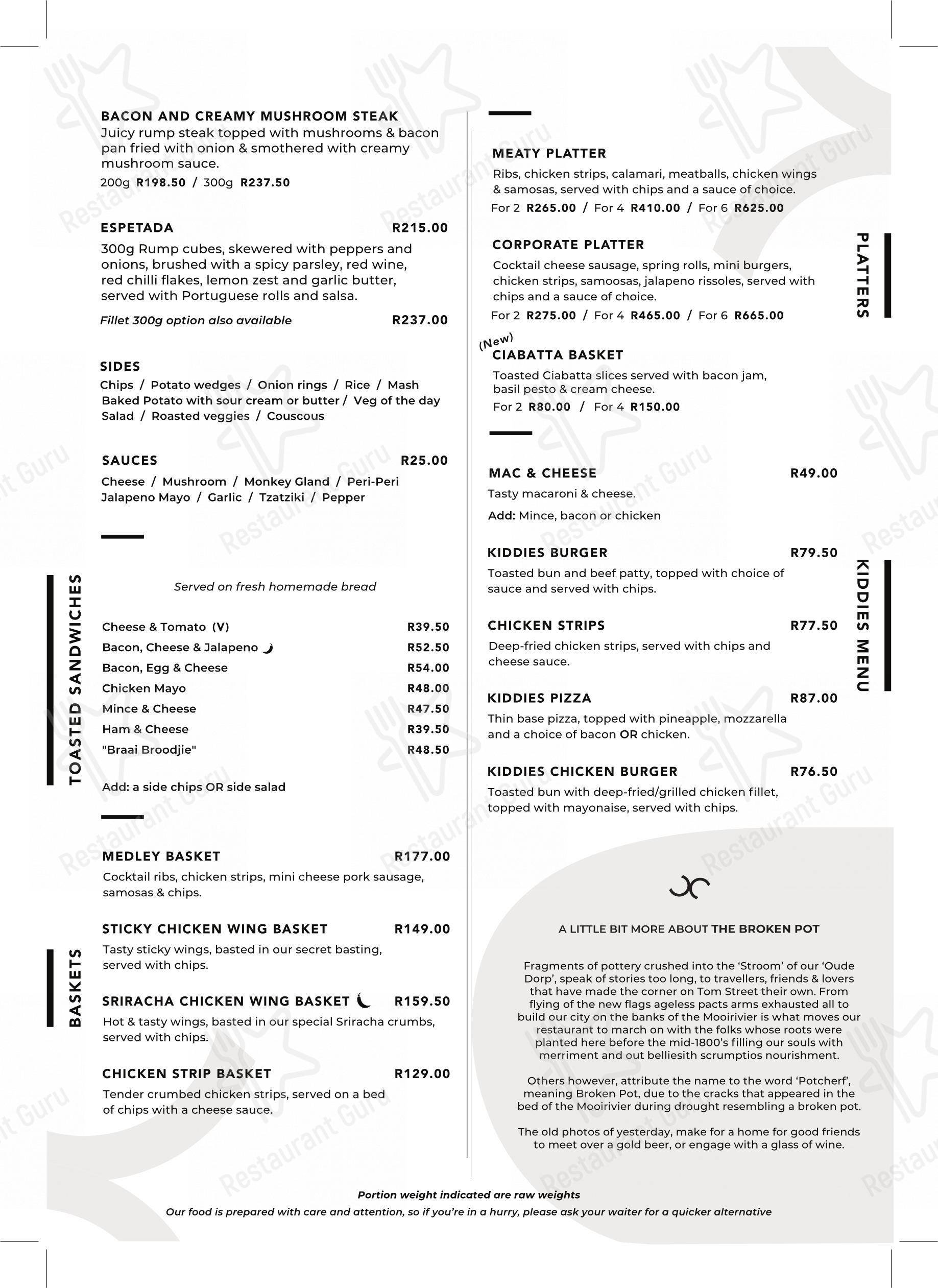 Menu at The Broken Pot restaurant, Potchefstroom