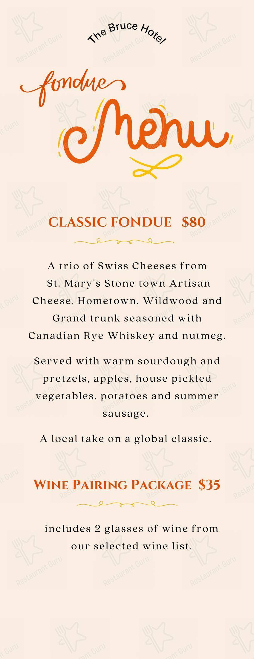 Menu at The Bruce Hotel restaurant, Stratford