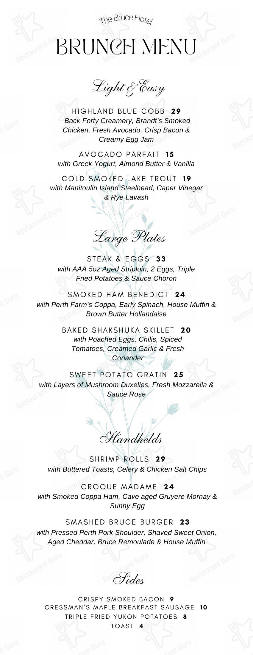 Menu at The Bruce Hotel restaurant, Stratford