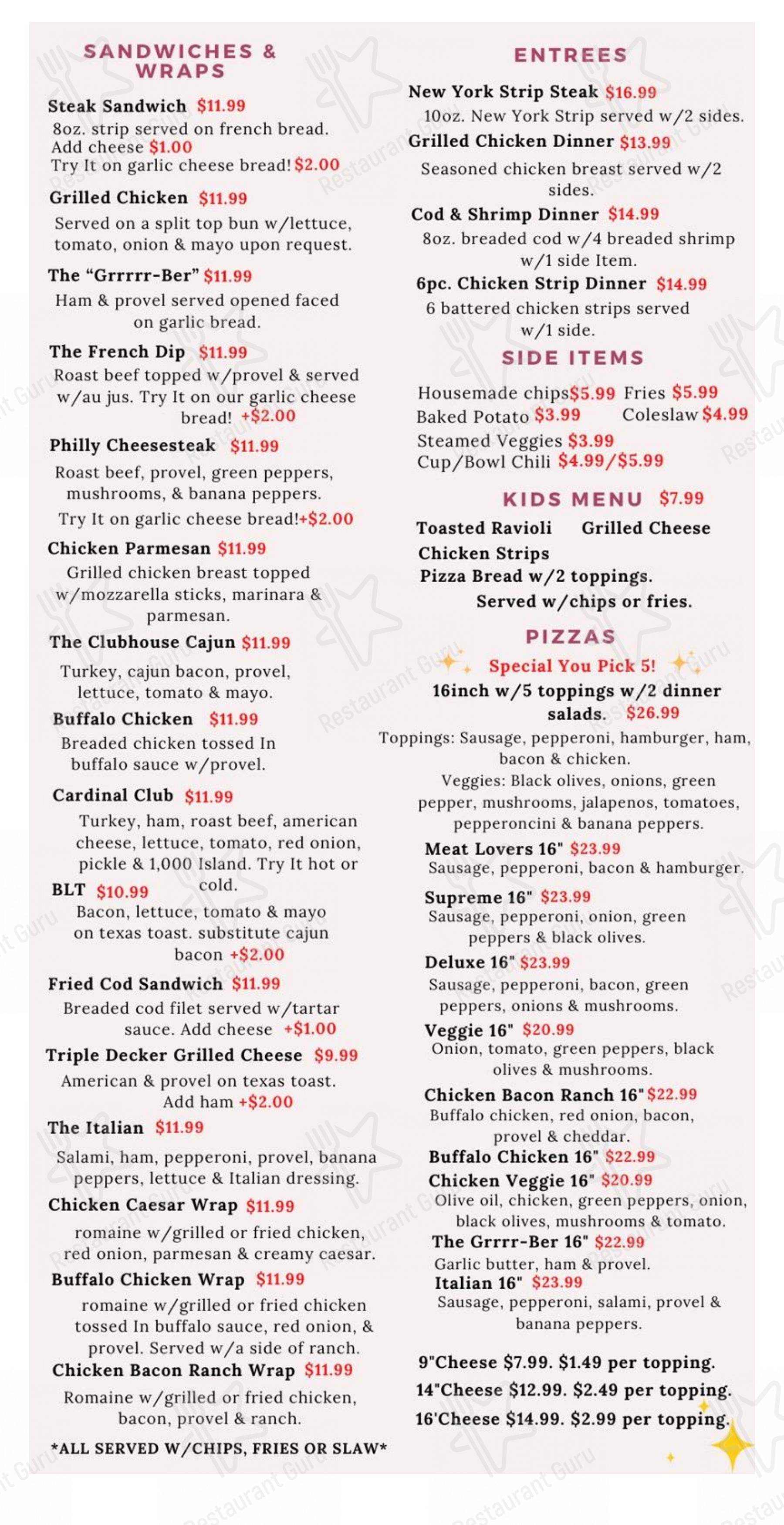 Menu at The Clubhouse Bar & Grill, St. Louis