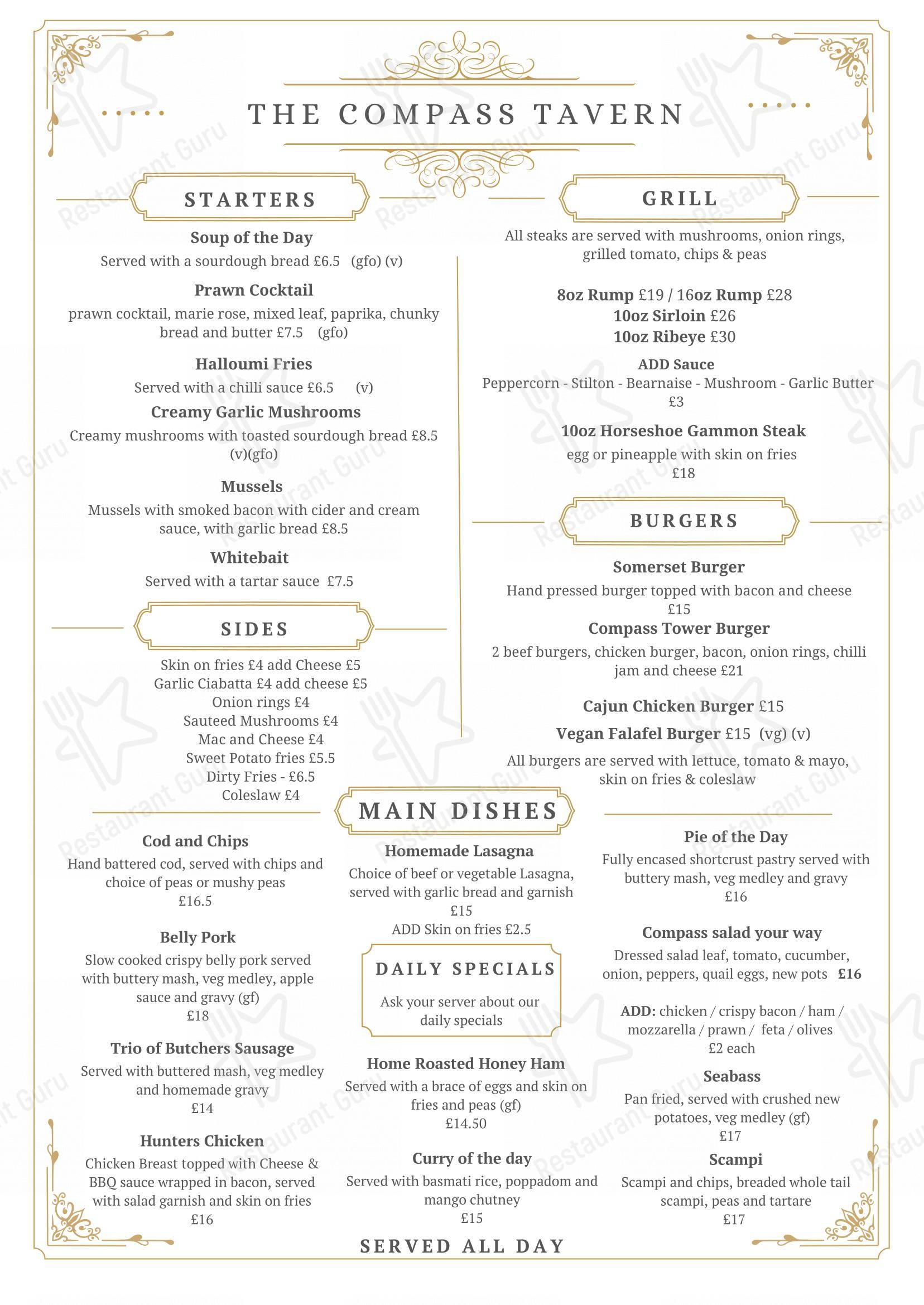 Menu at The Compass Tavern pub & bar, Bridgwater, Bridgwater Rd