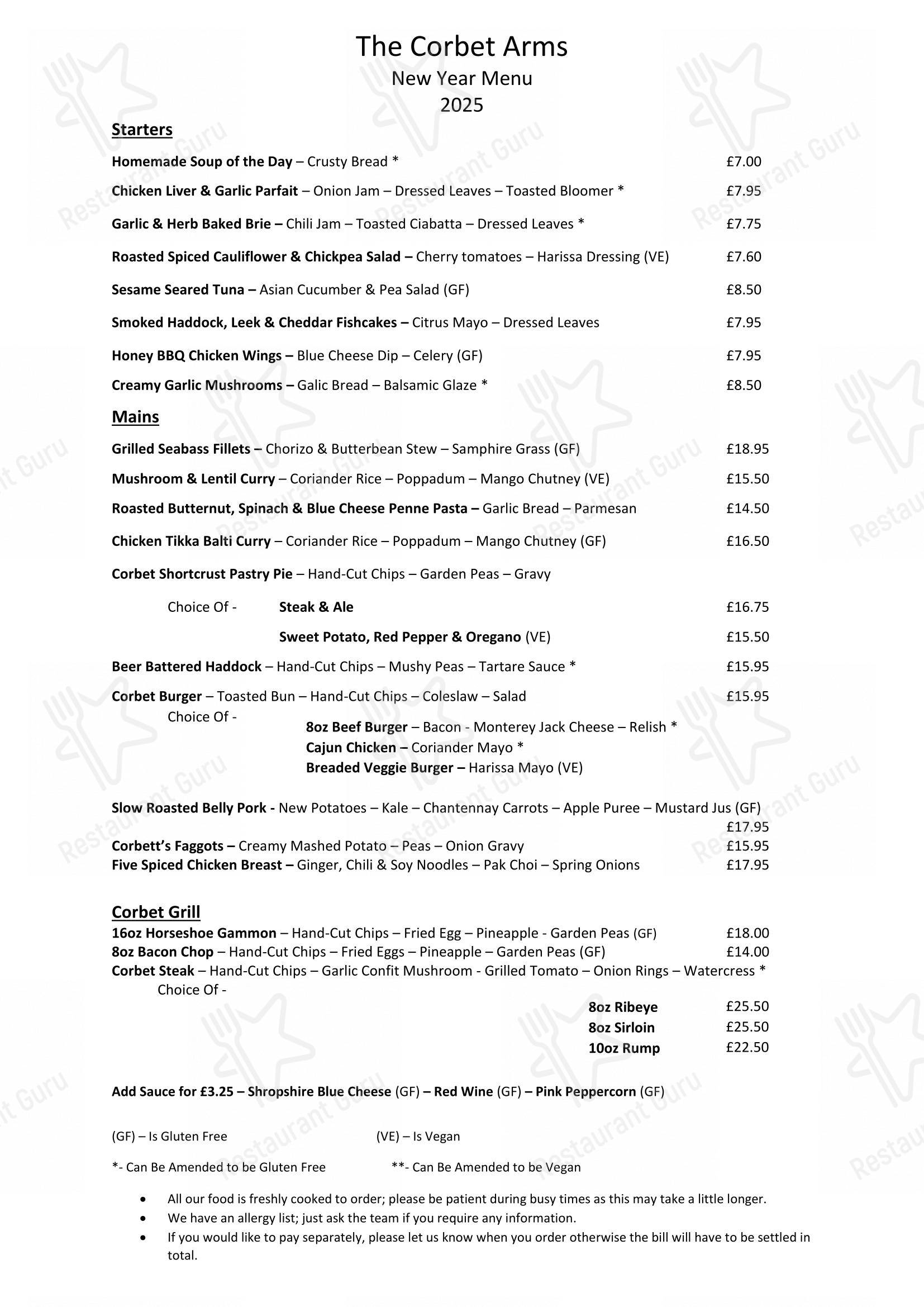 Menu at The Corbet Arms pub & bar, Shrewsbury, Church Rd