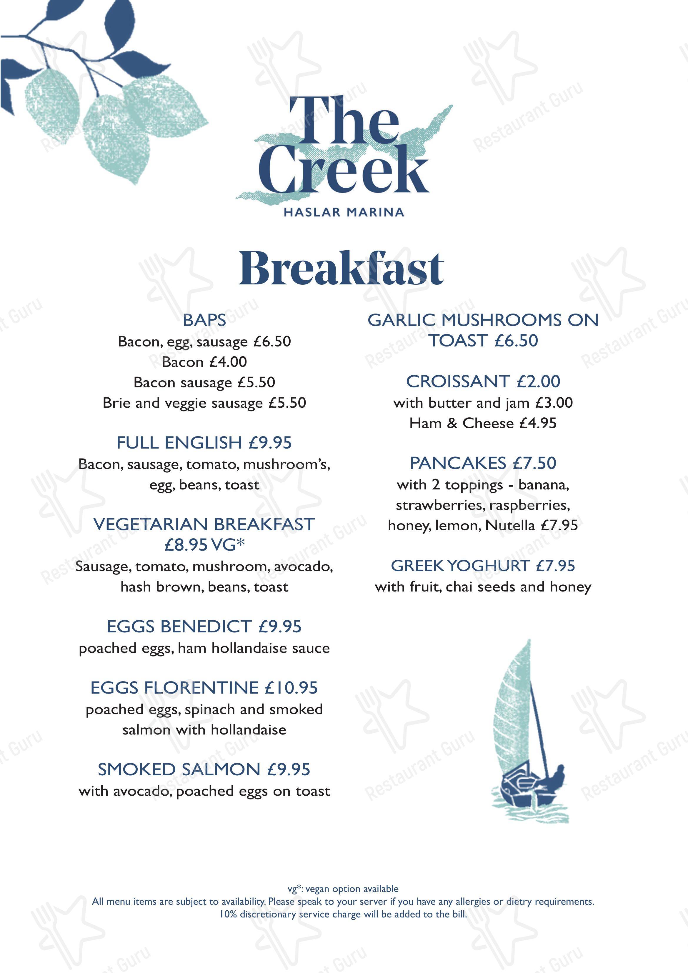Menu at The Creek at Haslar Marina restaurant, Gosport