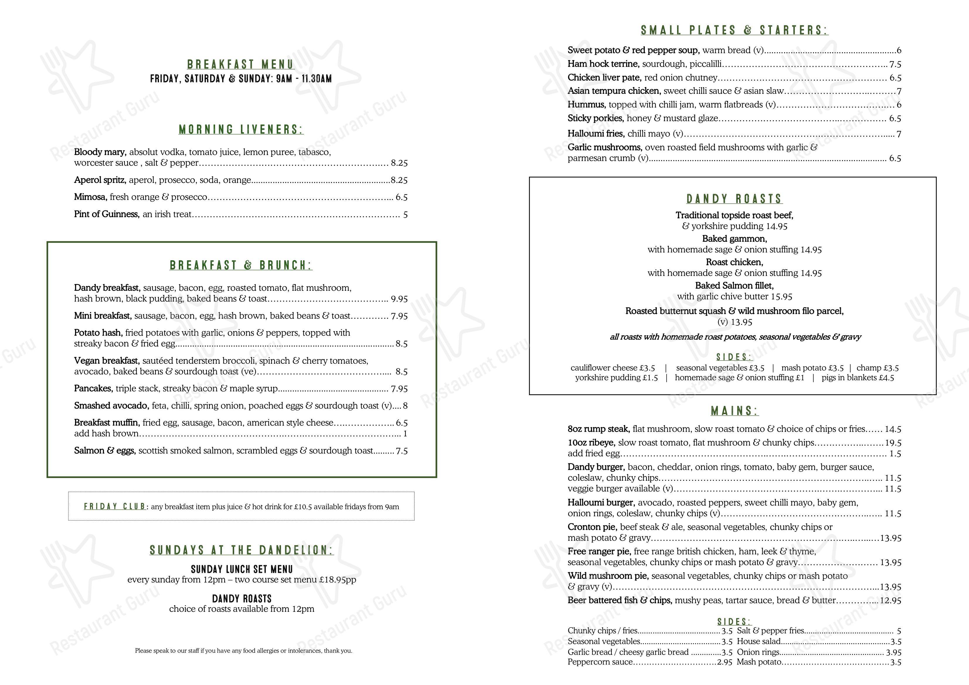 Menu at The Dandelion Tavern pub & bar, Widnes