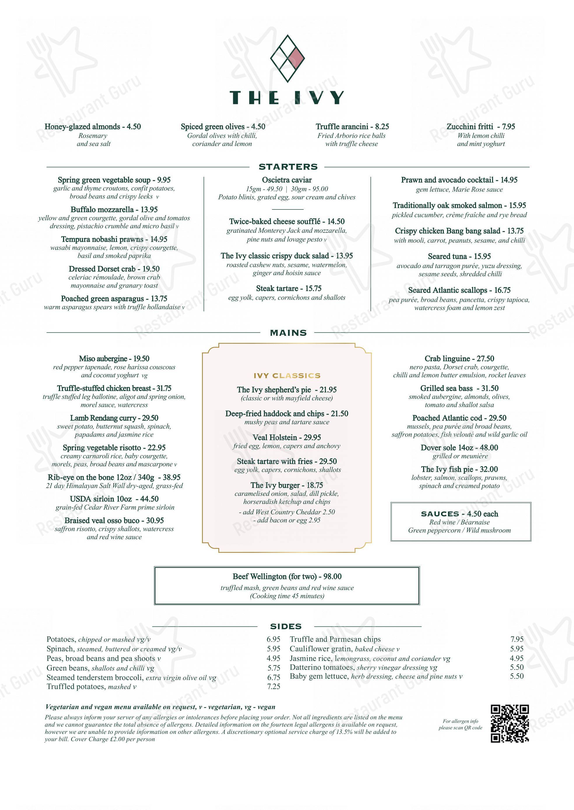 Menu at The Original Ivy, West End restaurant, London, 1-5 West St