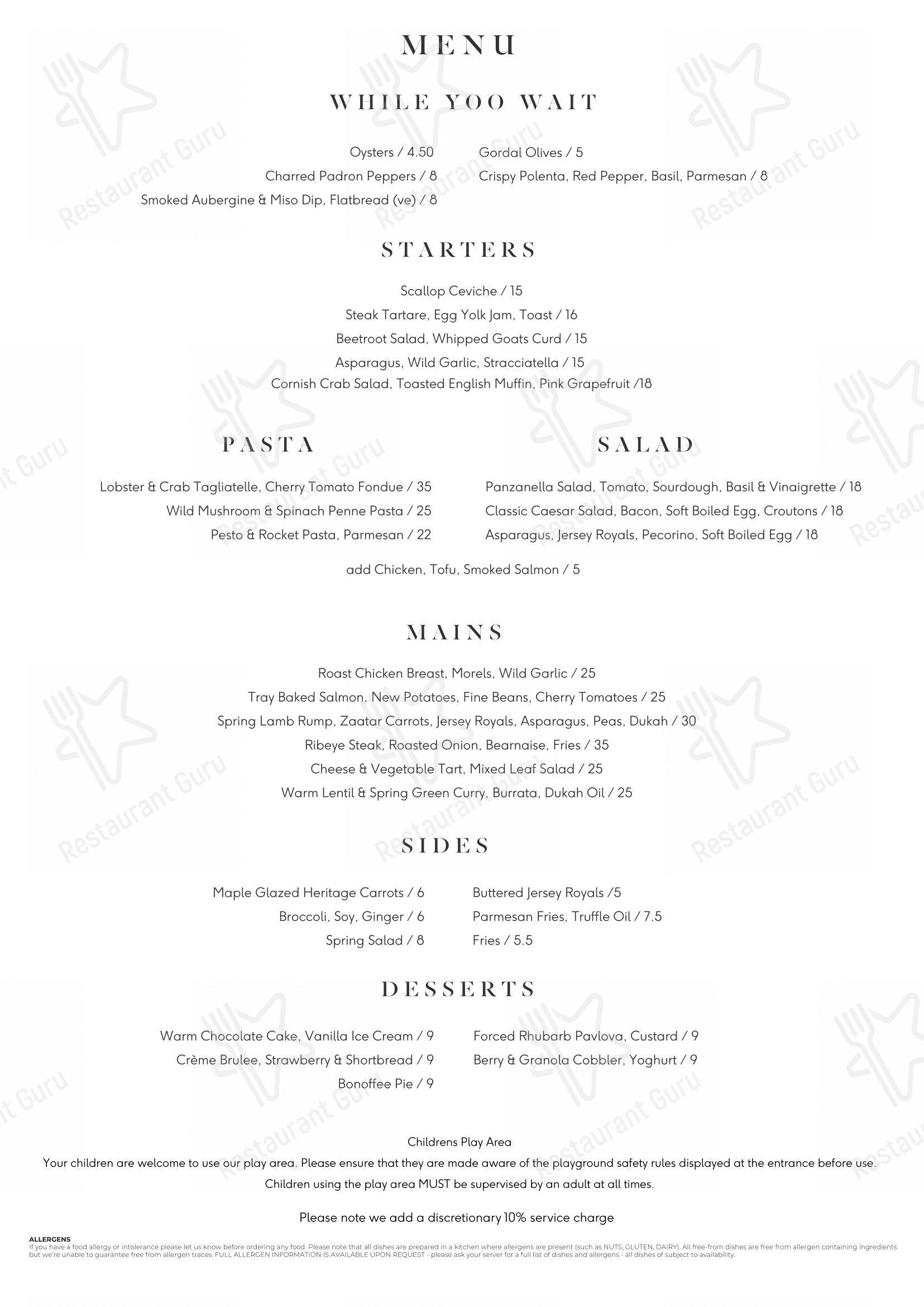 Menu at The Lakes by Yoo Hotel & Residences pub & bar, Lechlade