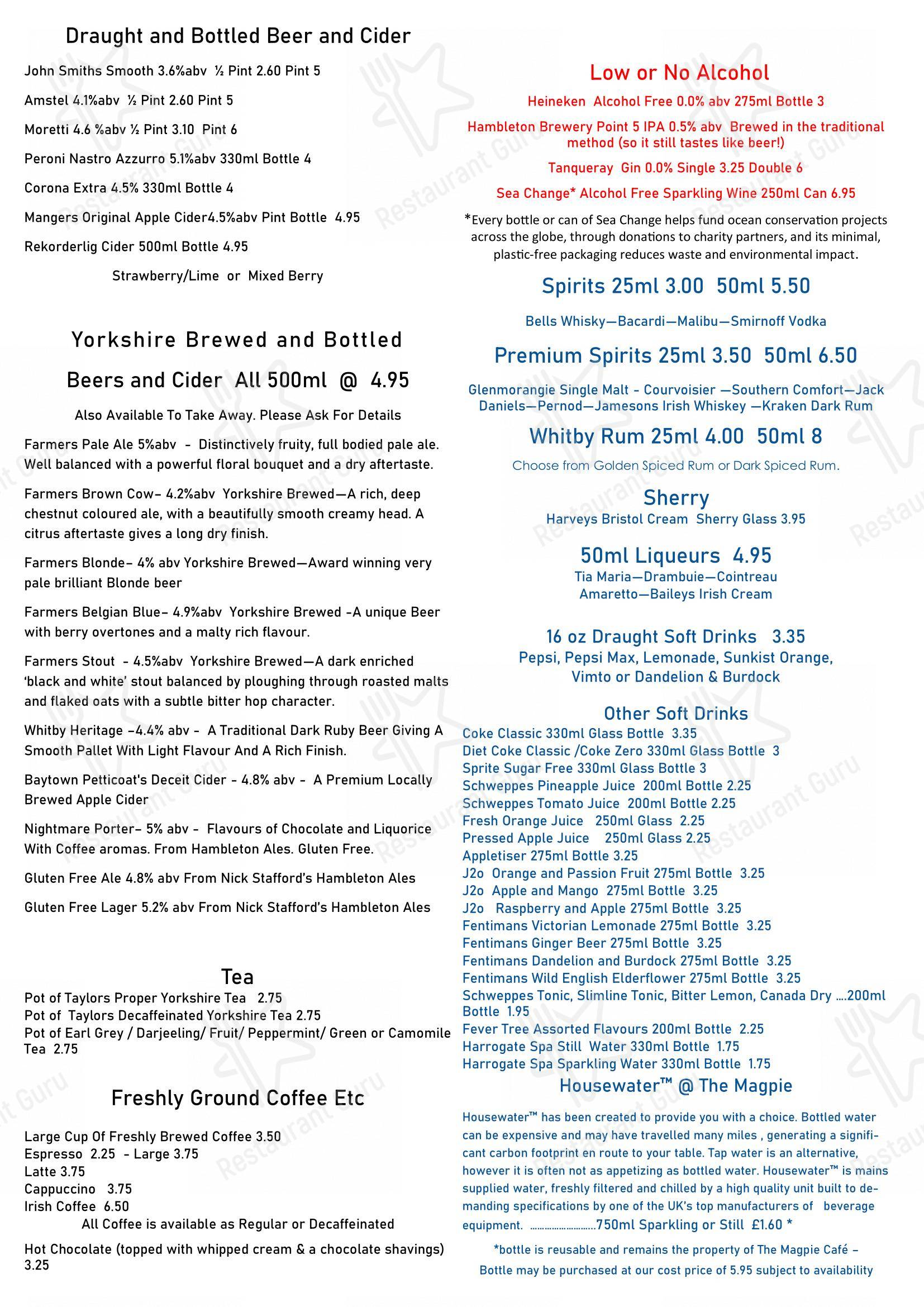 Menu at The Magpie Café restaurant, Whitby