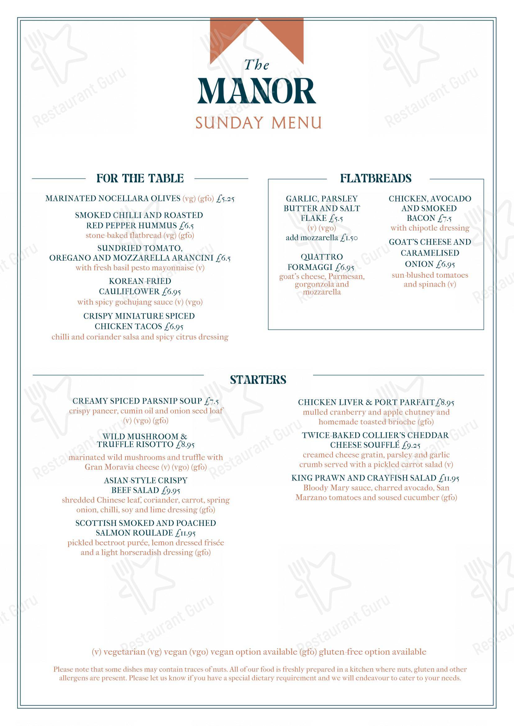 Menu at The Manor restaurant, Greasby