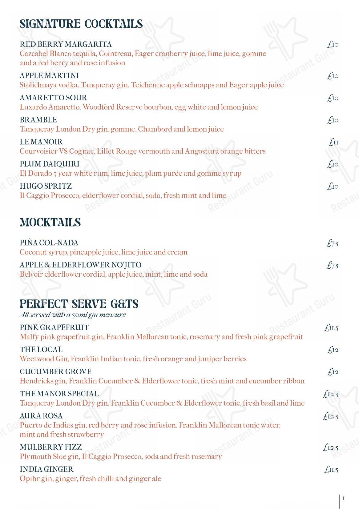 Menu at The Manor restaurant, Greasby
