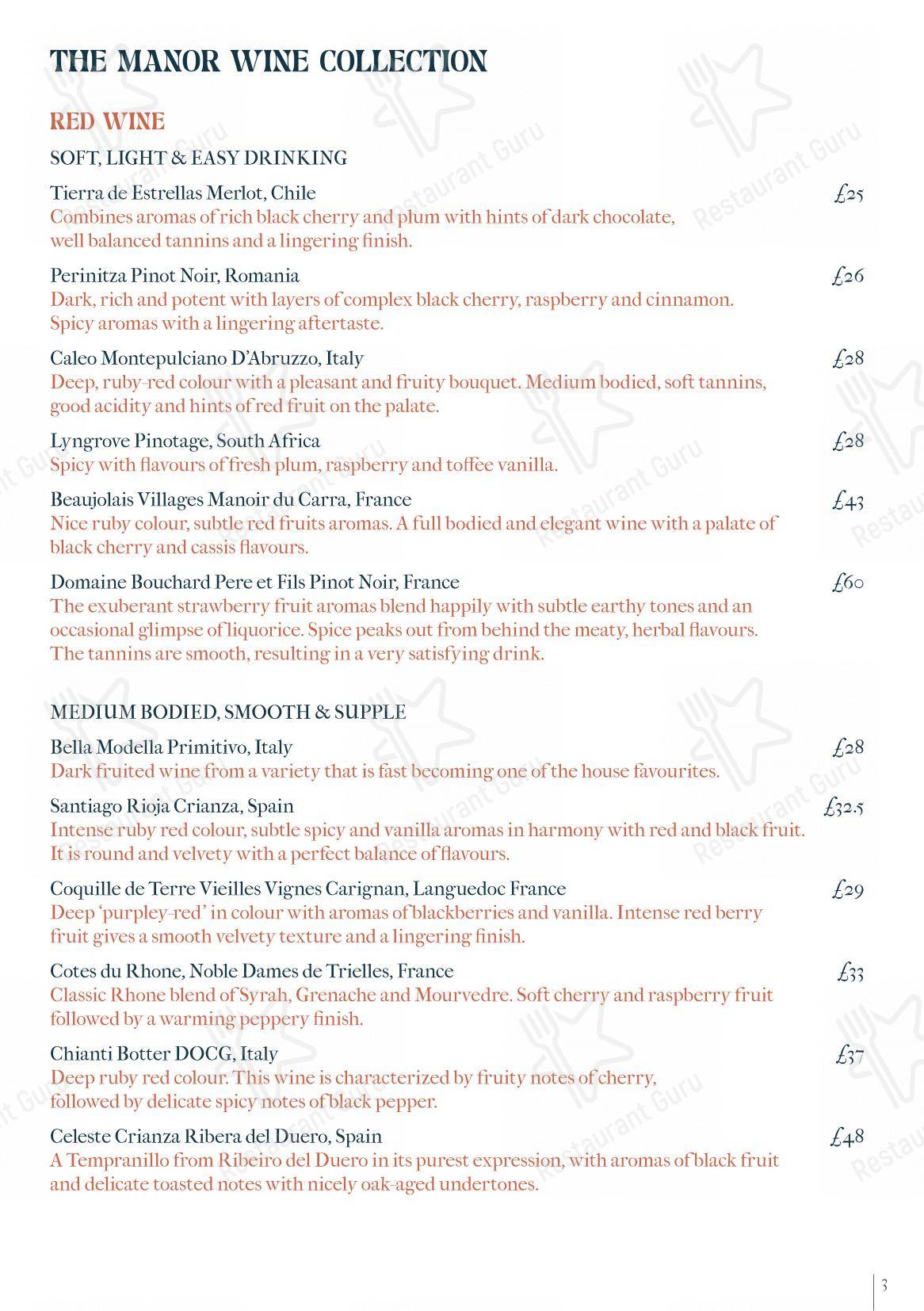 Menu at The Manor restaurant, Greasby