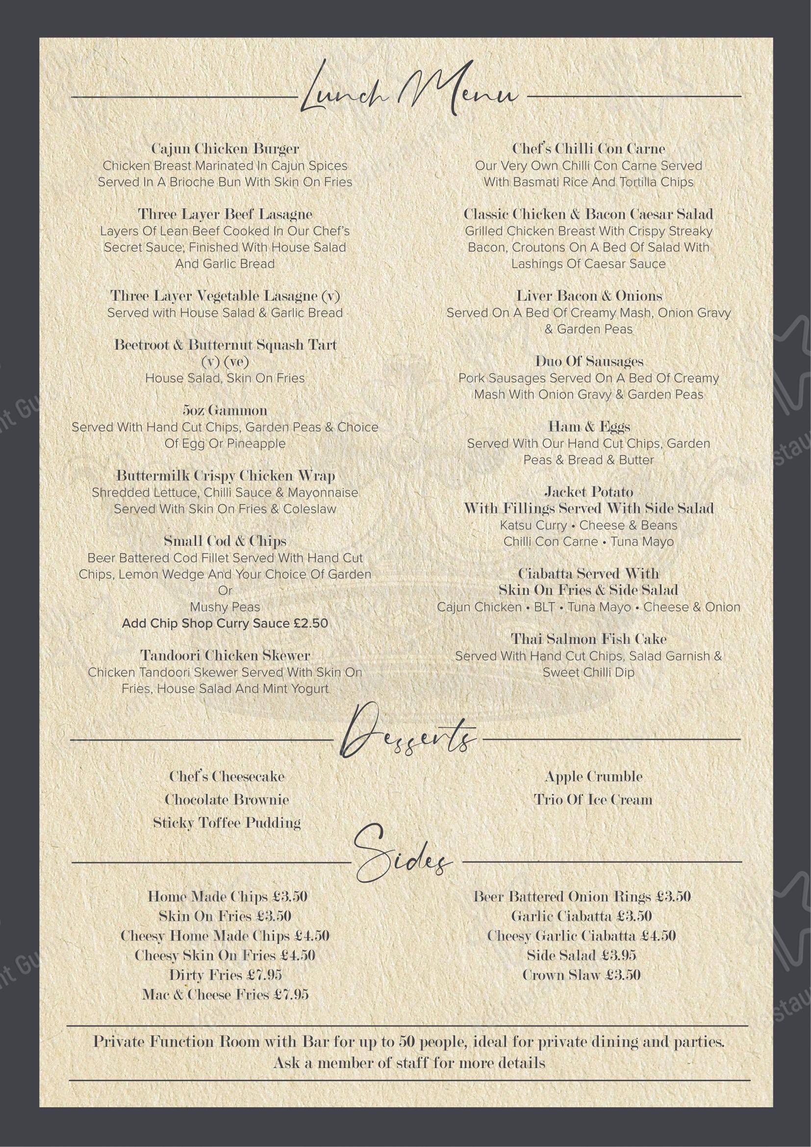 Menu at The Old Crown pub & bar, Coventry, 466 Aldermans Green Rd