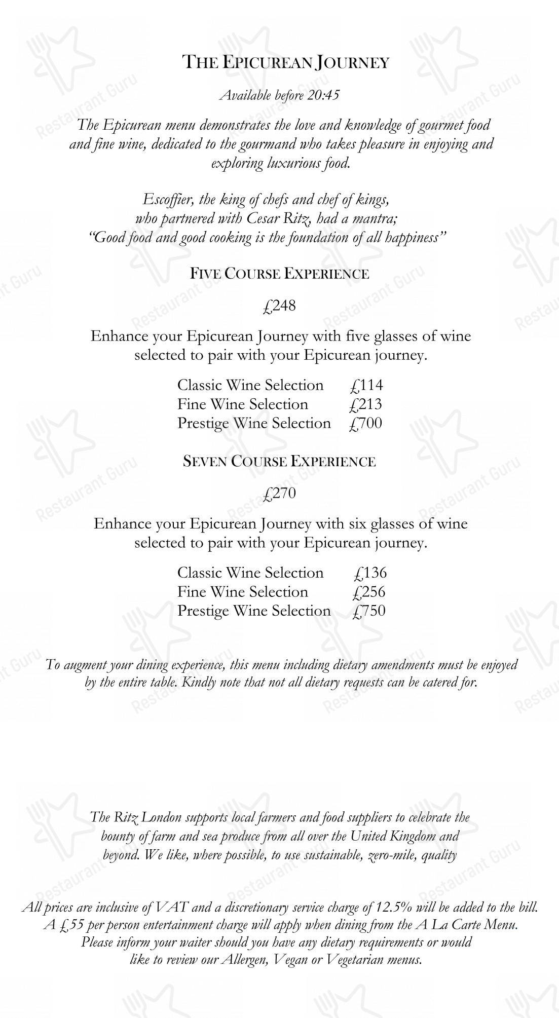 Menu at The Ritz Restaurant, London