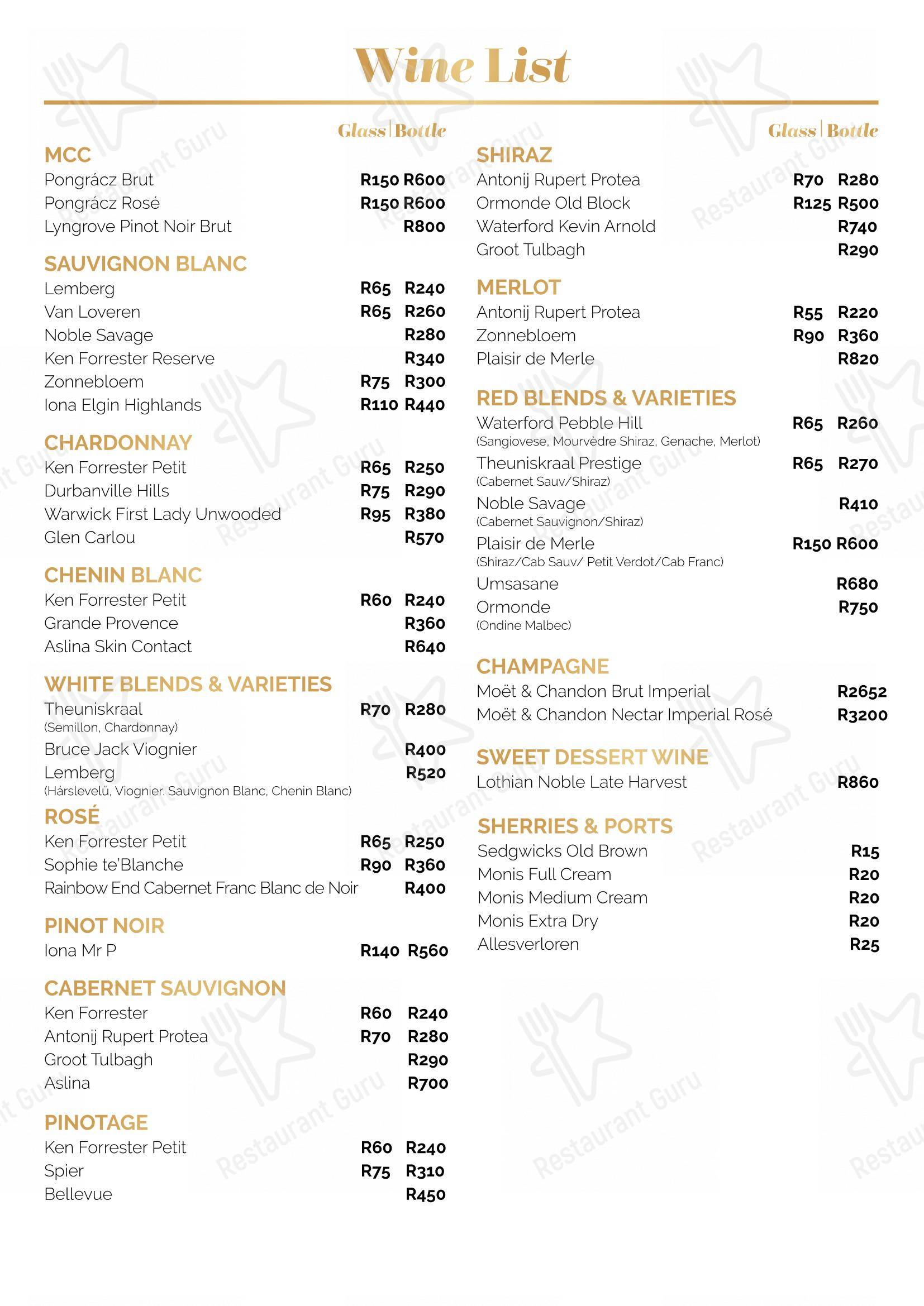 Menu at The Sanctuary Restaurant, Cape Town