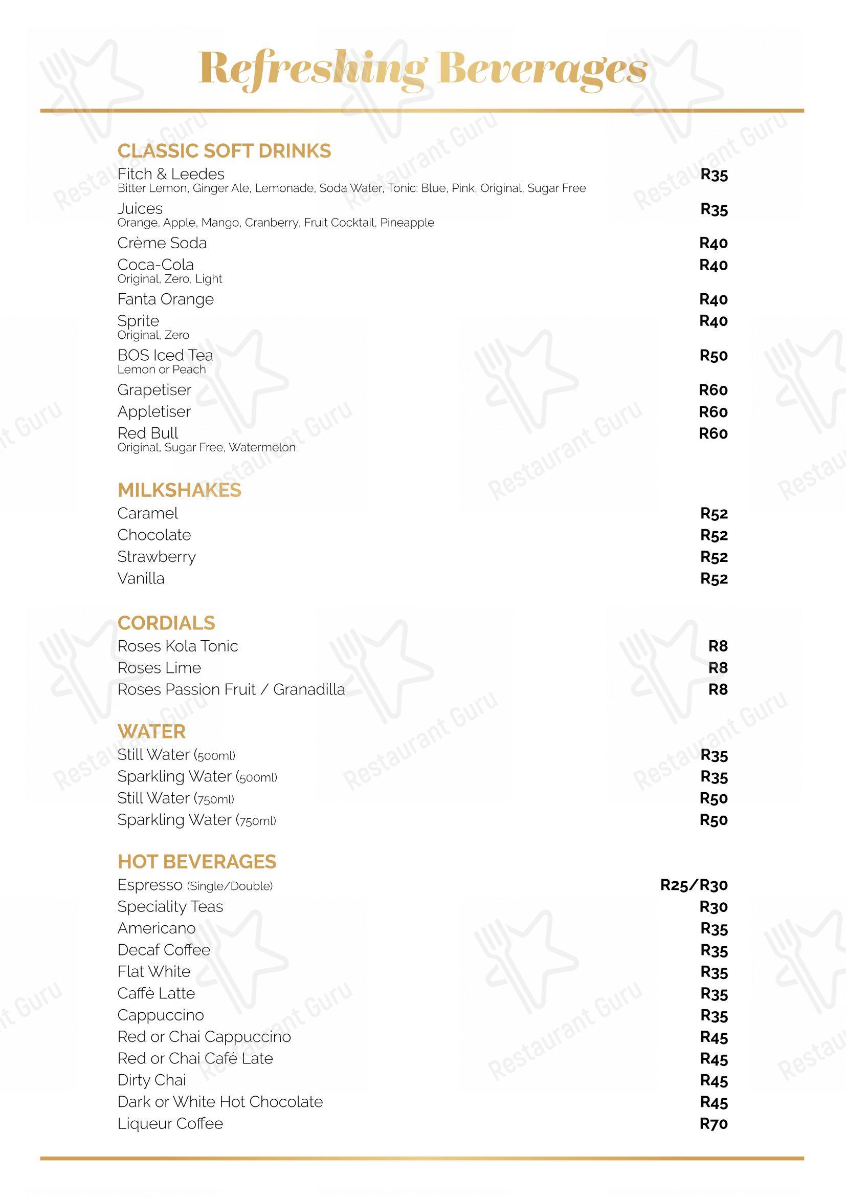 Menu at The Sanctuary Restaurant, Cape Town