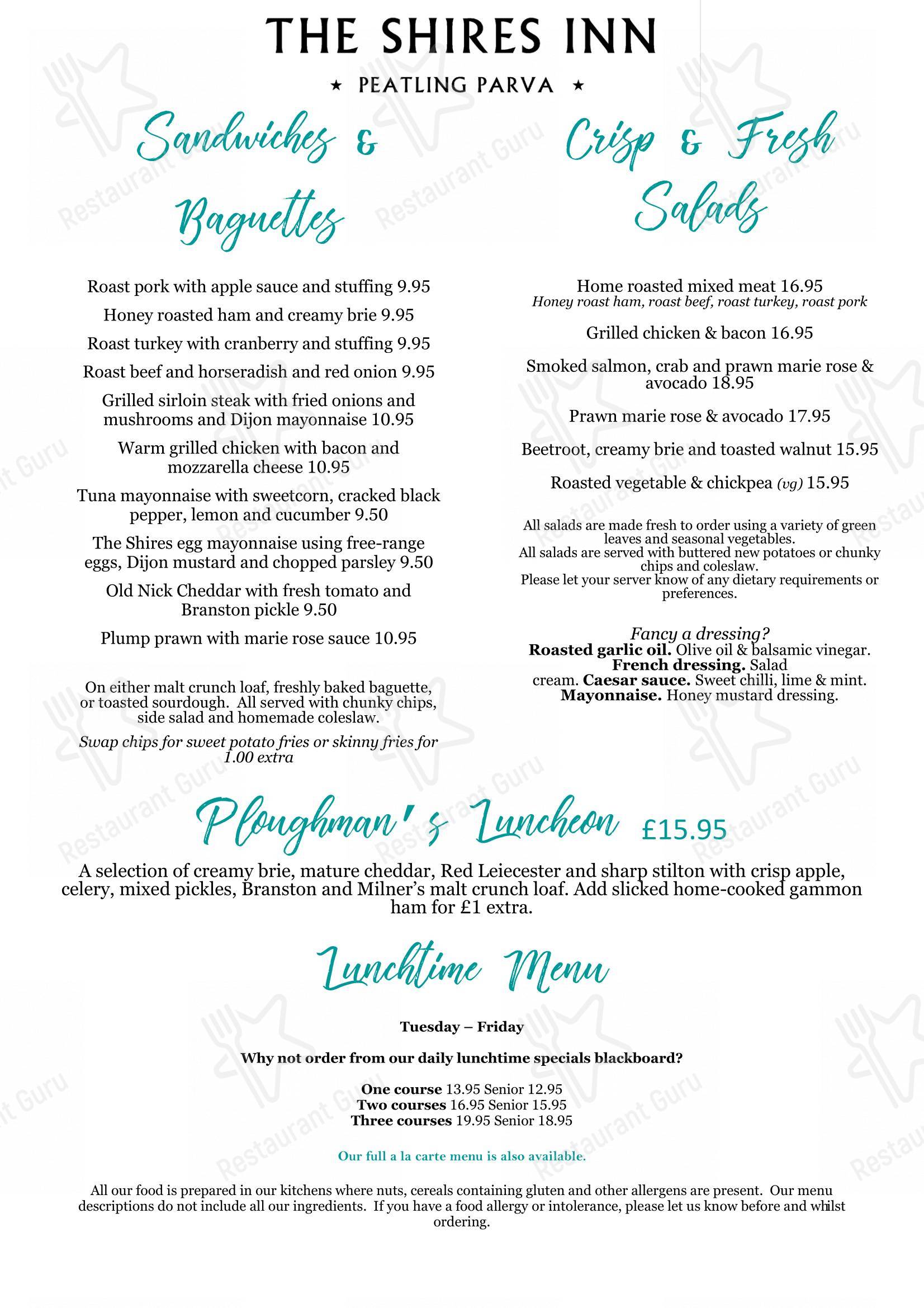 Menu at The Shires Inn & Restaurant, Gilmorton, Main St