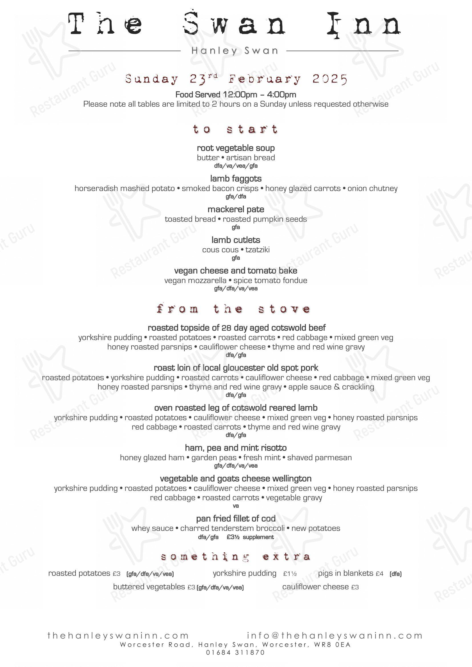 Menu at The Swan Inn pub & bar, Hanley Swan, Road