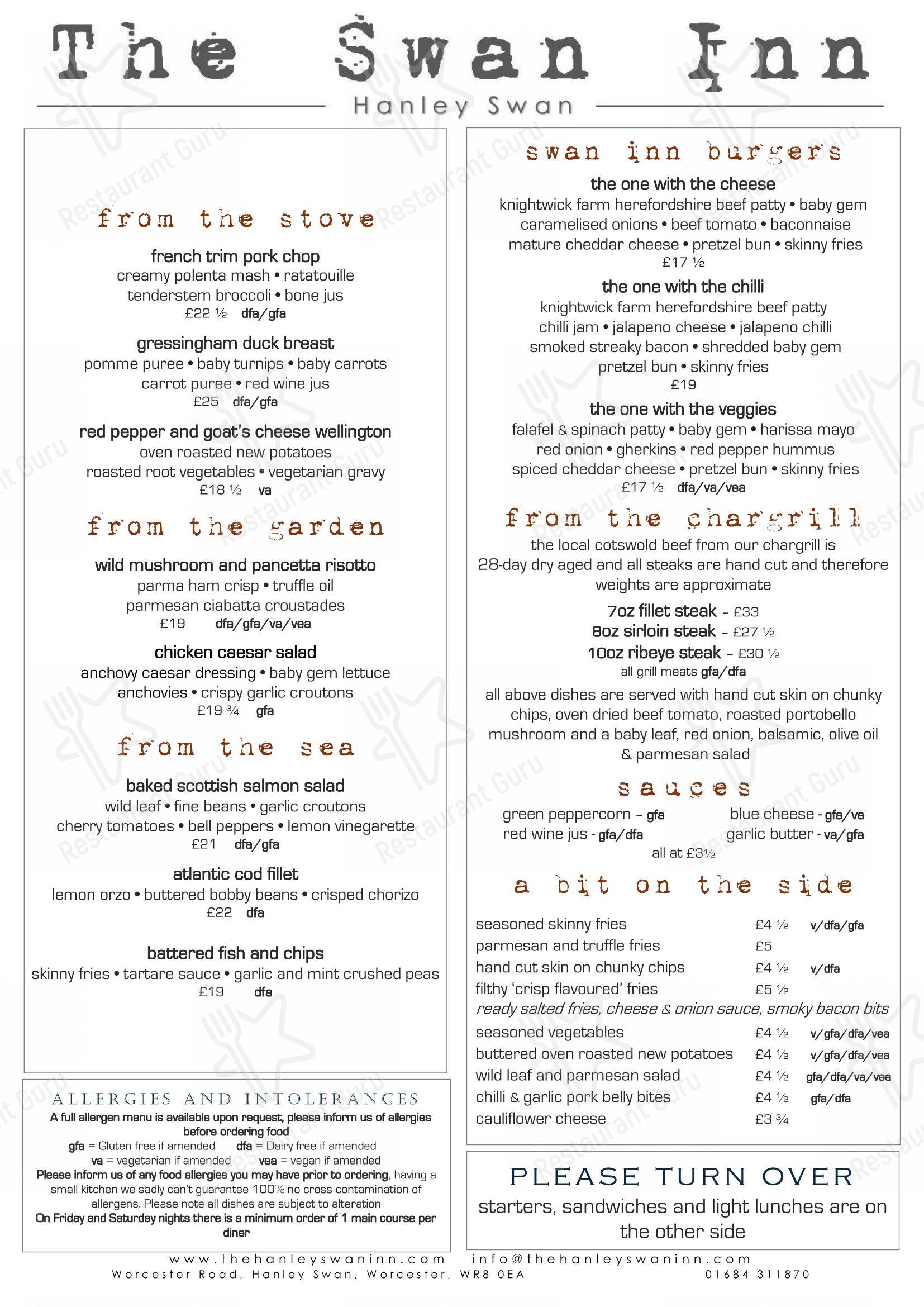 Menu at The Swan Inn pub & bar, Hanley Swan, Road