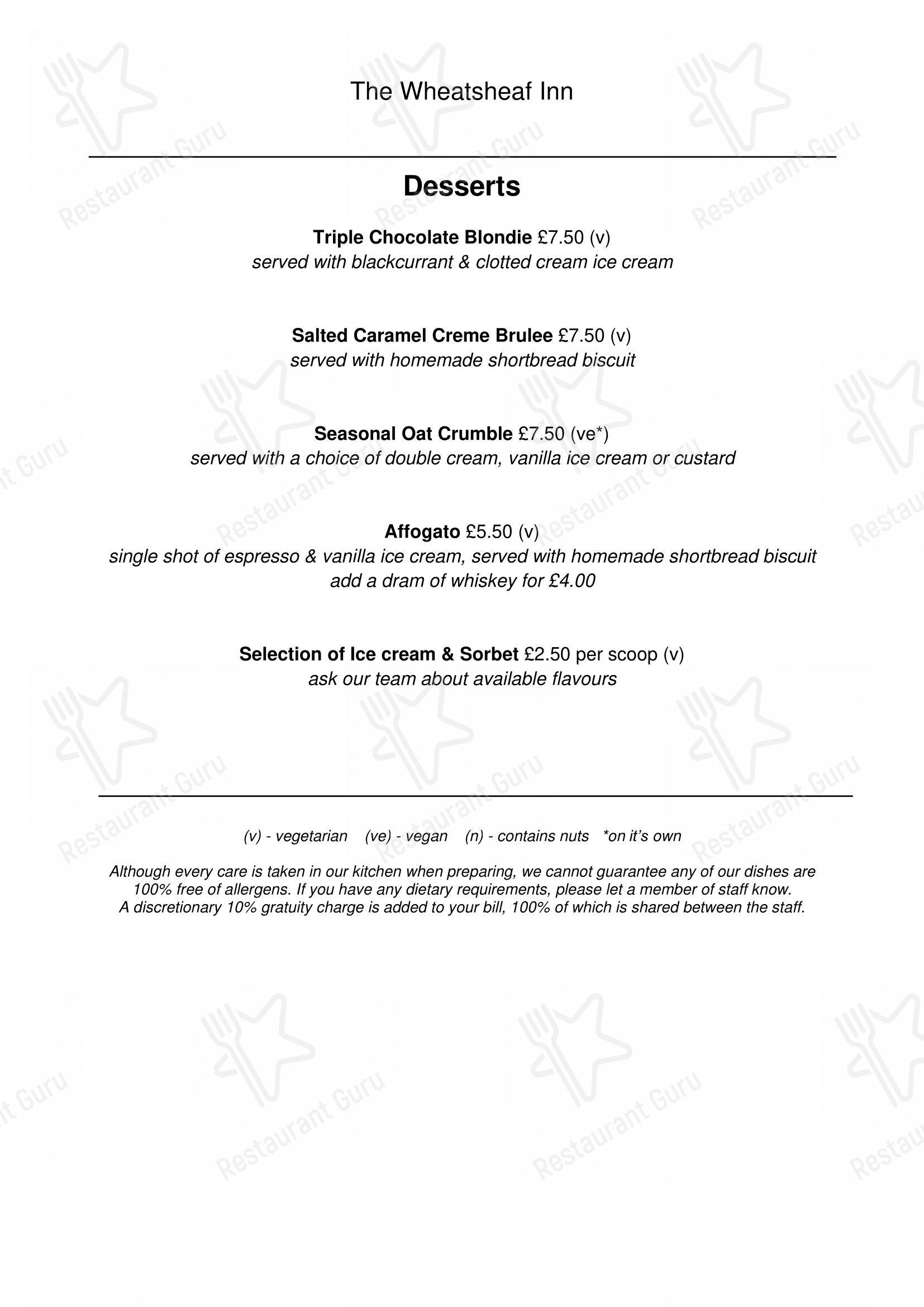 Menu at The Wheatsheaf Inn at Oaksey pub & bar, Oaksey