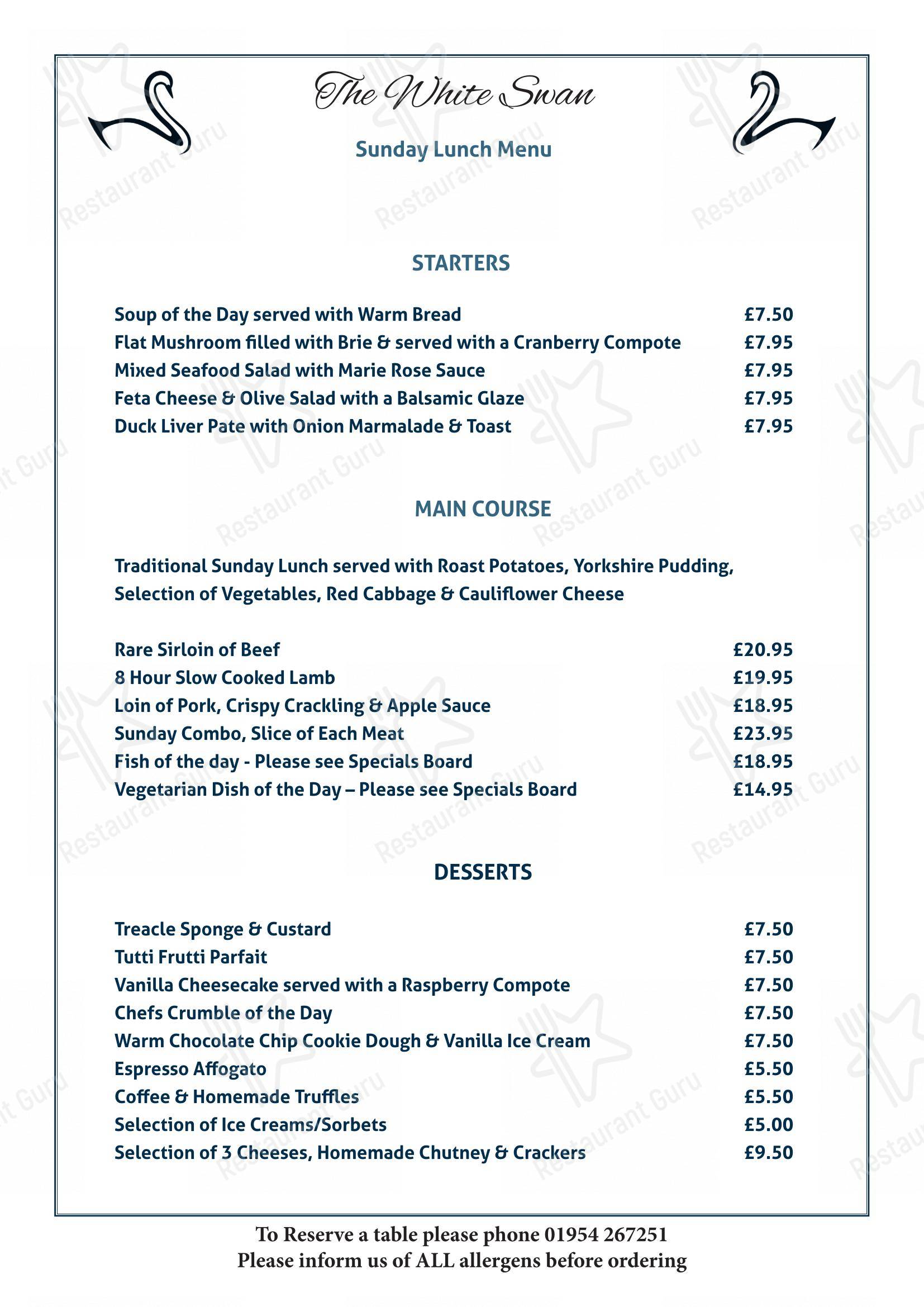 Menu at The White Swan pub & bar, Elsworth, Elsworth Rd