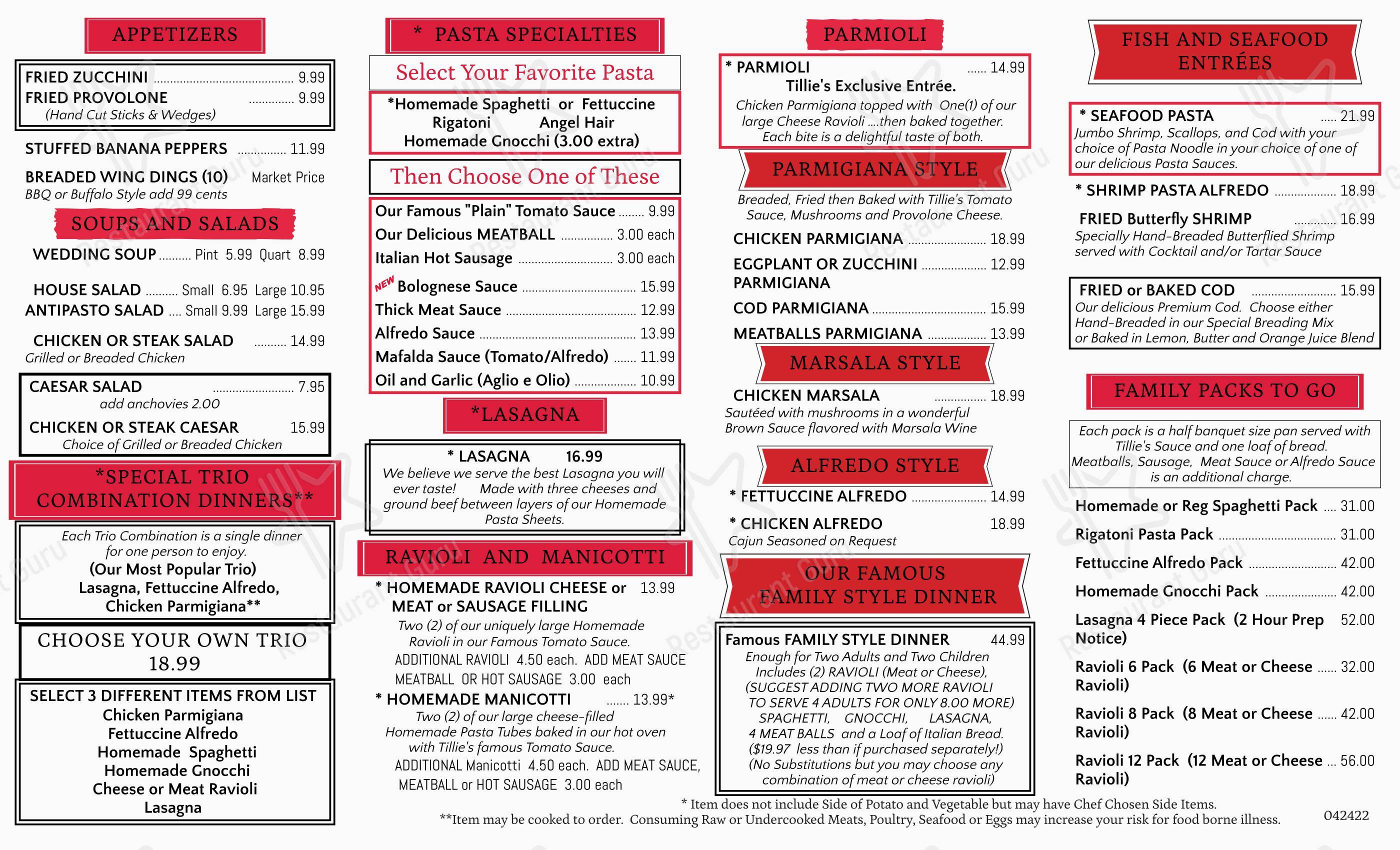 Menu at Tillie's Restaurant, McKeesport
