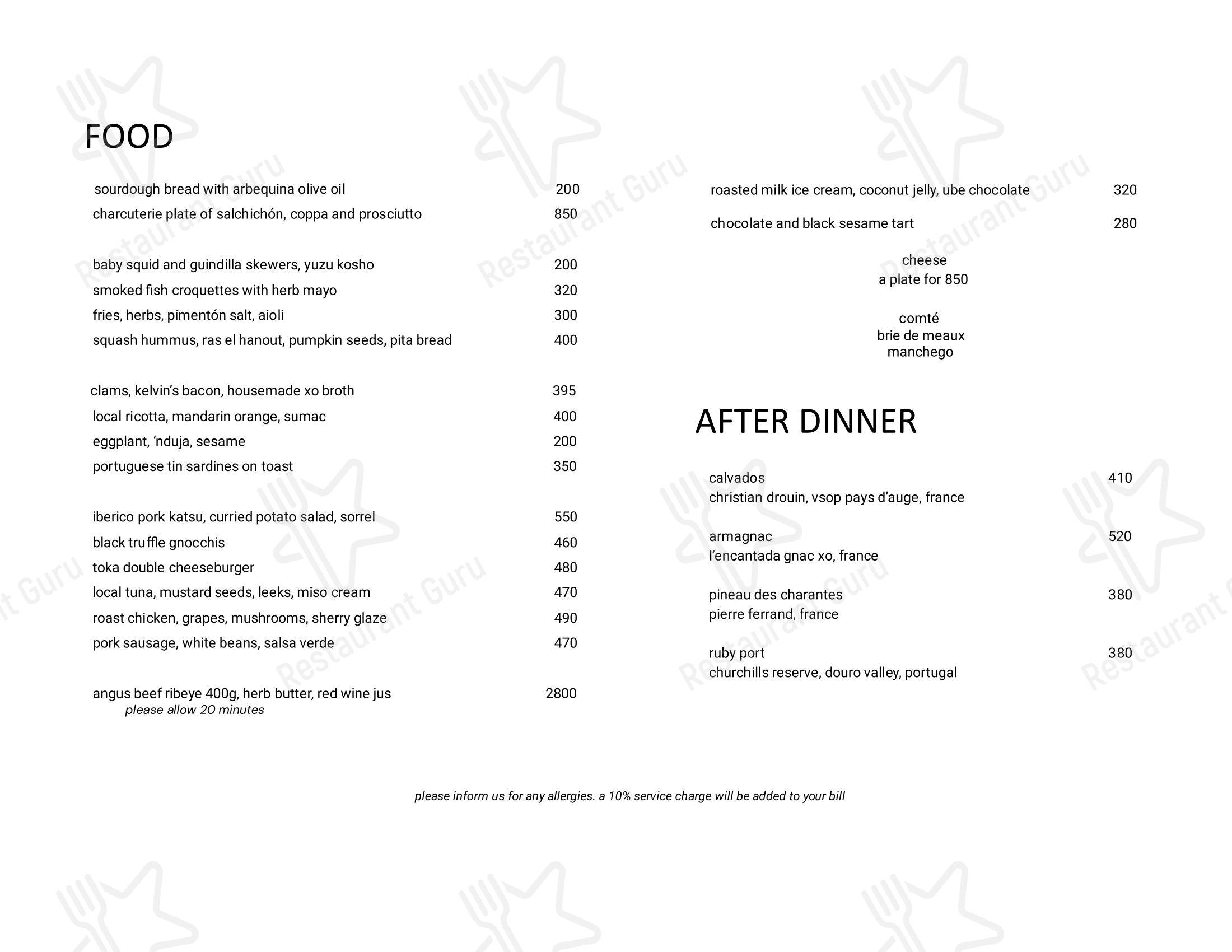 Menu at Toka Wine pub & bar, Quezon City