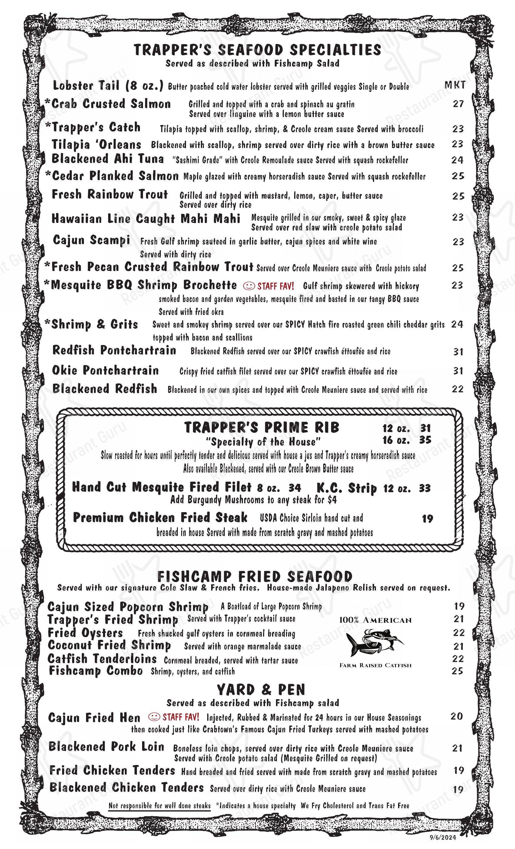 Menu at Trapper's Fishcamp & Grill restaurant, Oklahoma City