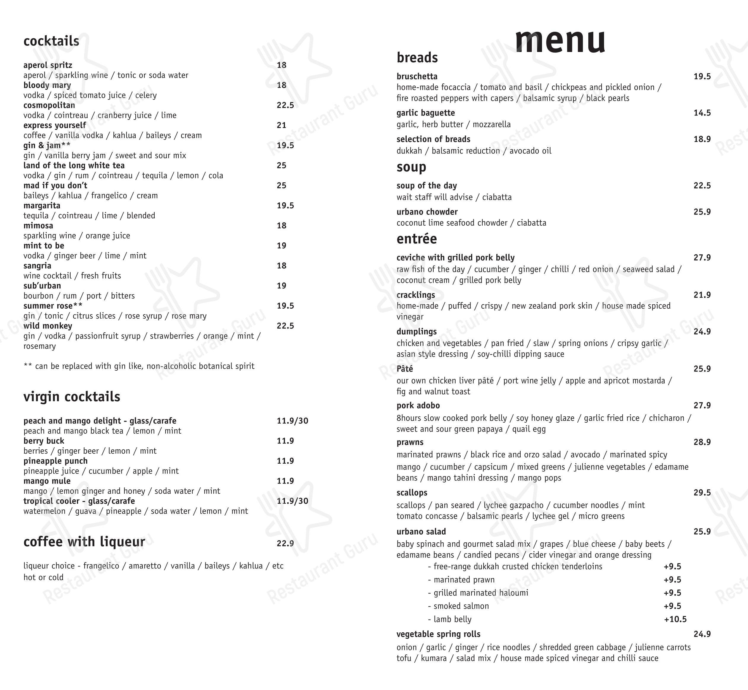 Menu at Urbano Bistro Cafe & Restaurant, Rotorua