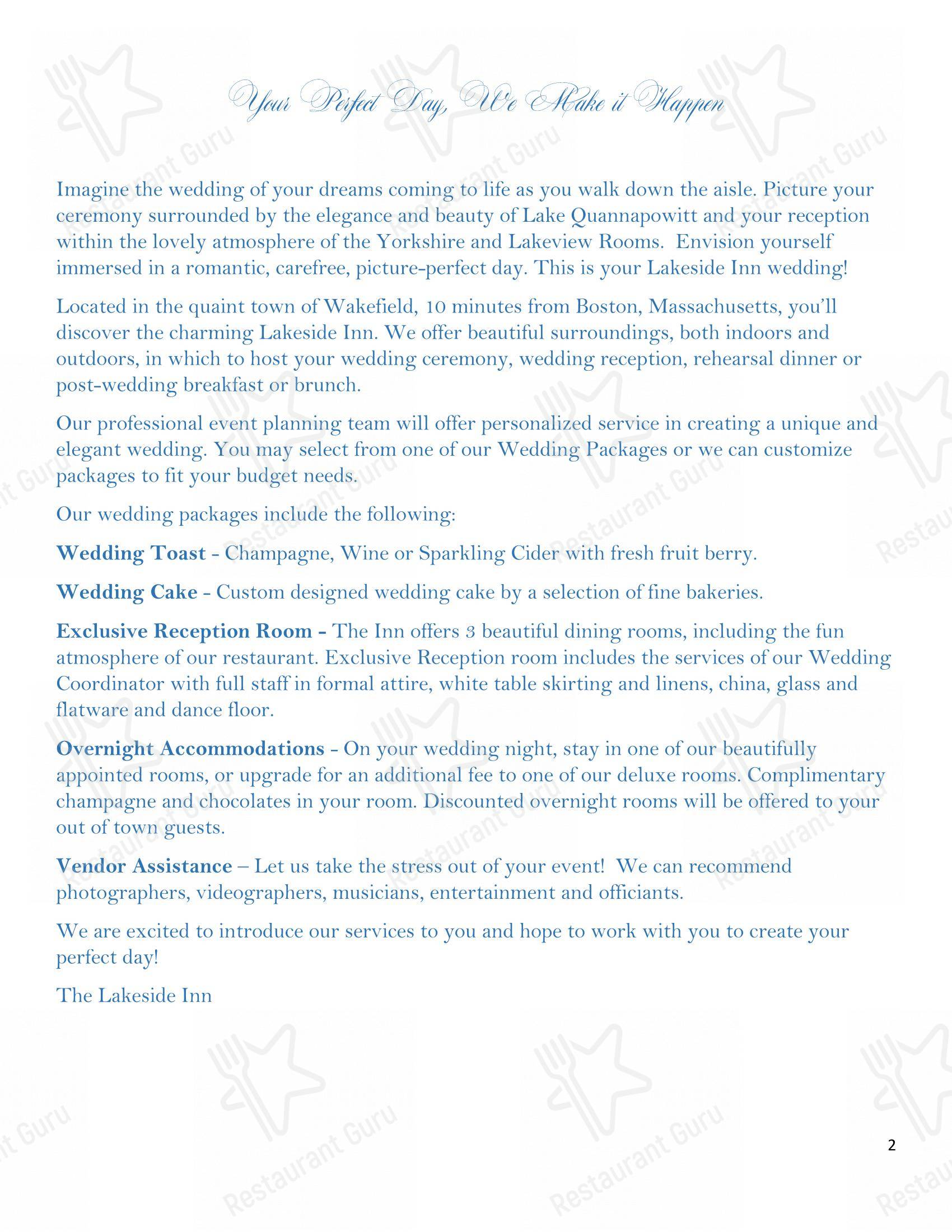 Menu at Waves Restaurant & Bar at the Lakeside Inn, Wakefield