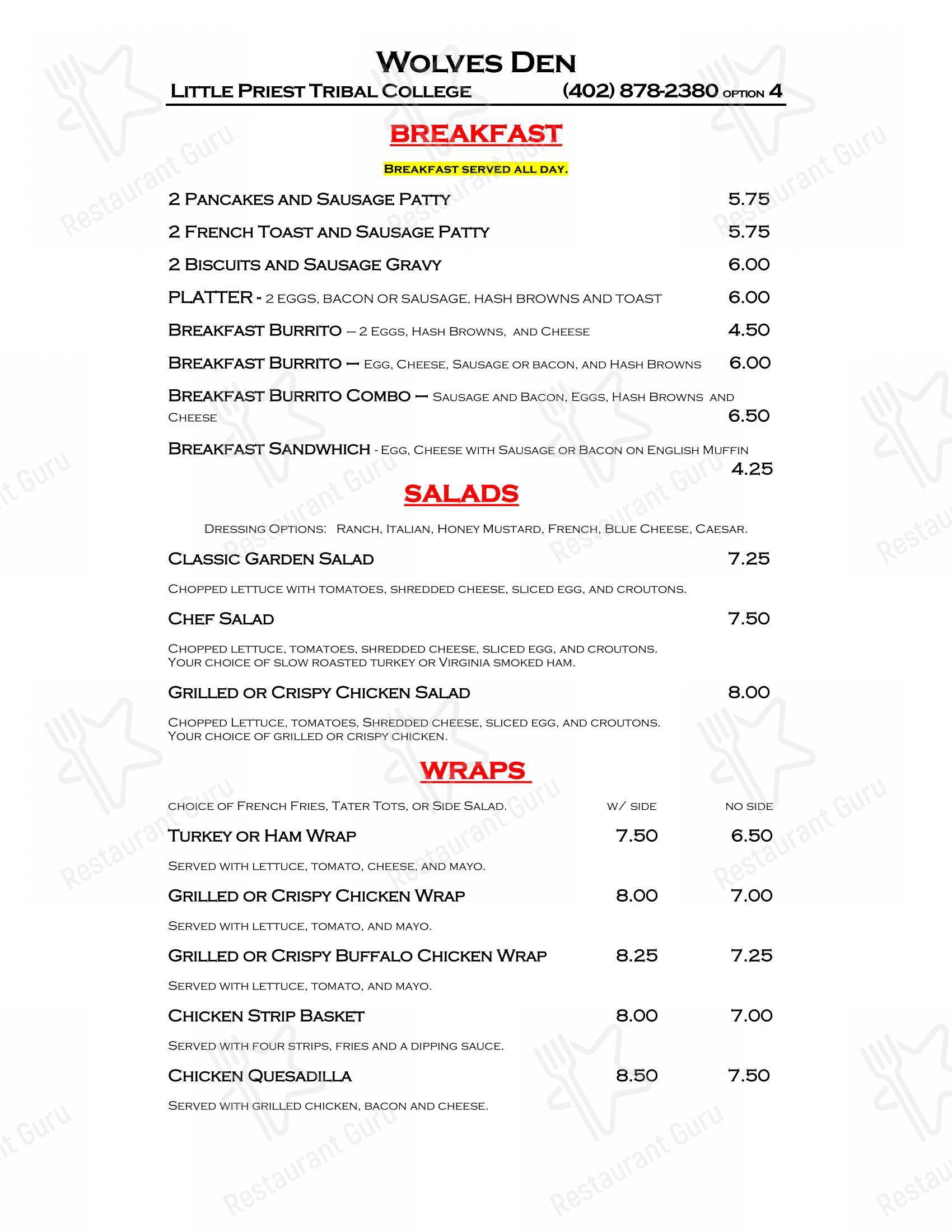 Menu at Wolves Den cafeteria, Winnebago