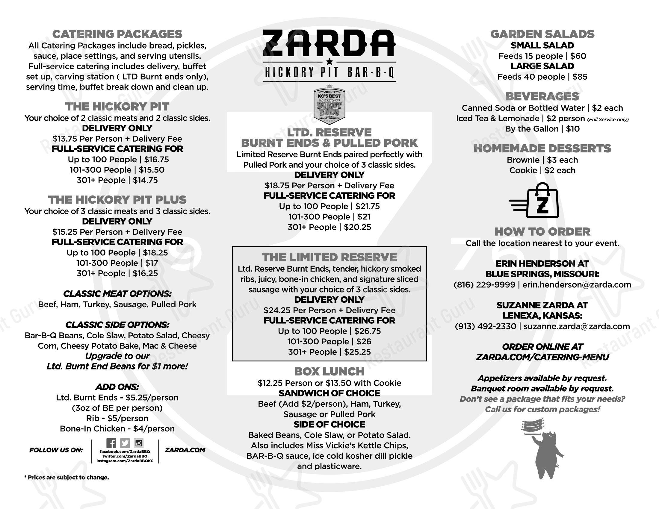 Menu at Zarda Bar-B-Q, Lenexa, W 87th St Pkwy