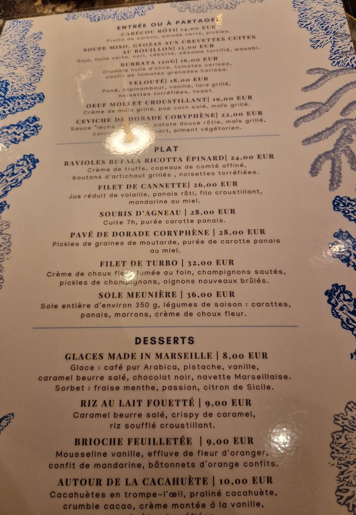 Menu au restaurant la Ciotat Sloop, La Ciotat