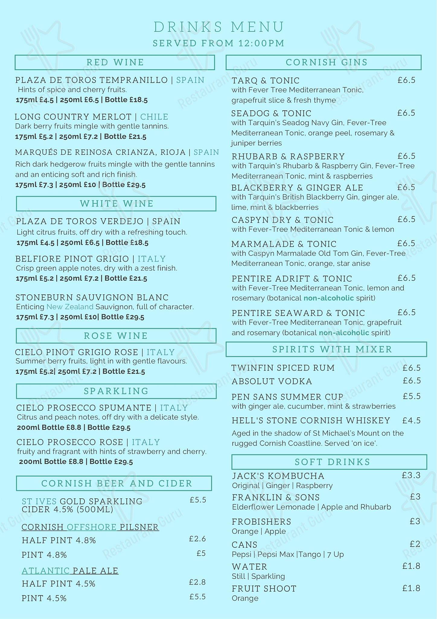 Menu at Cove Cafe, Hayle
